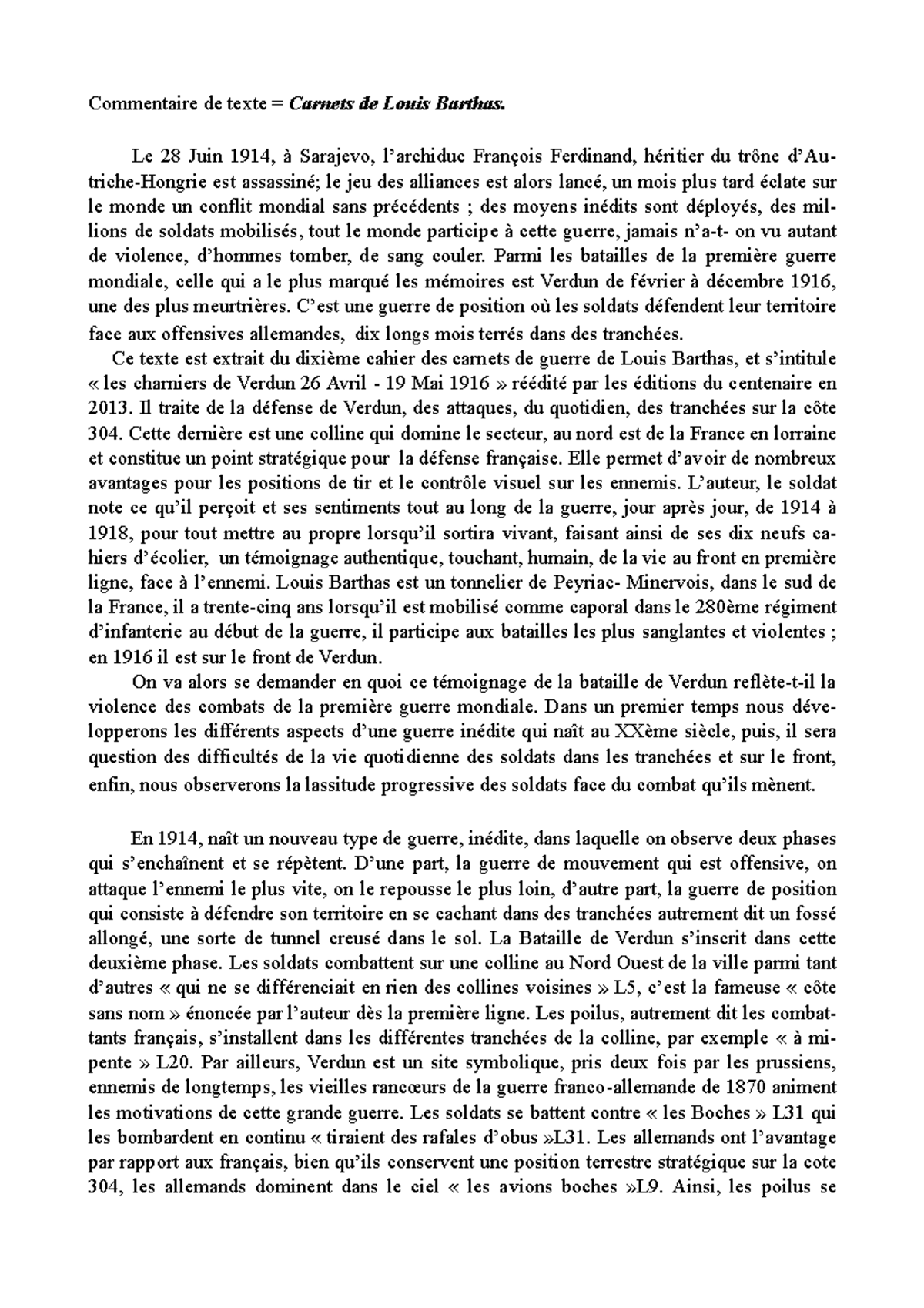 Commentaire de texte sur les carnets de Louis Barthas - Commentaire de ...