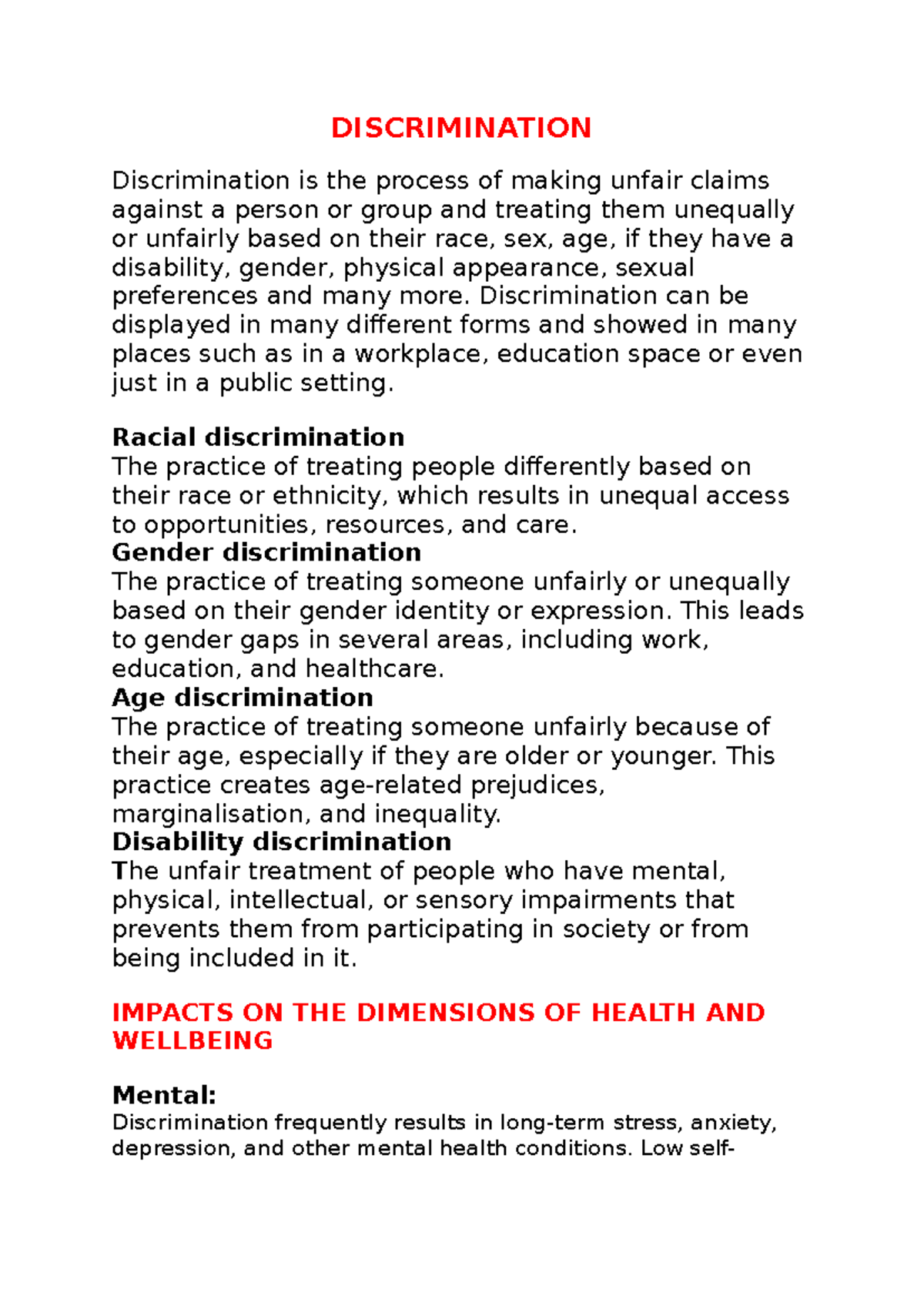 Health and Human Development Discrimination report - DISCRIMINATION ...
