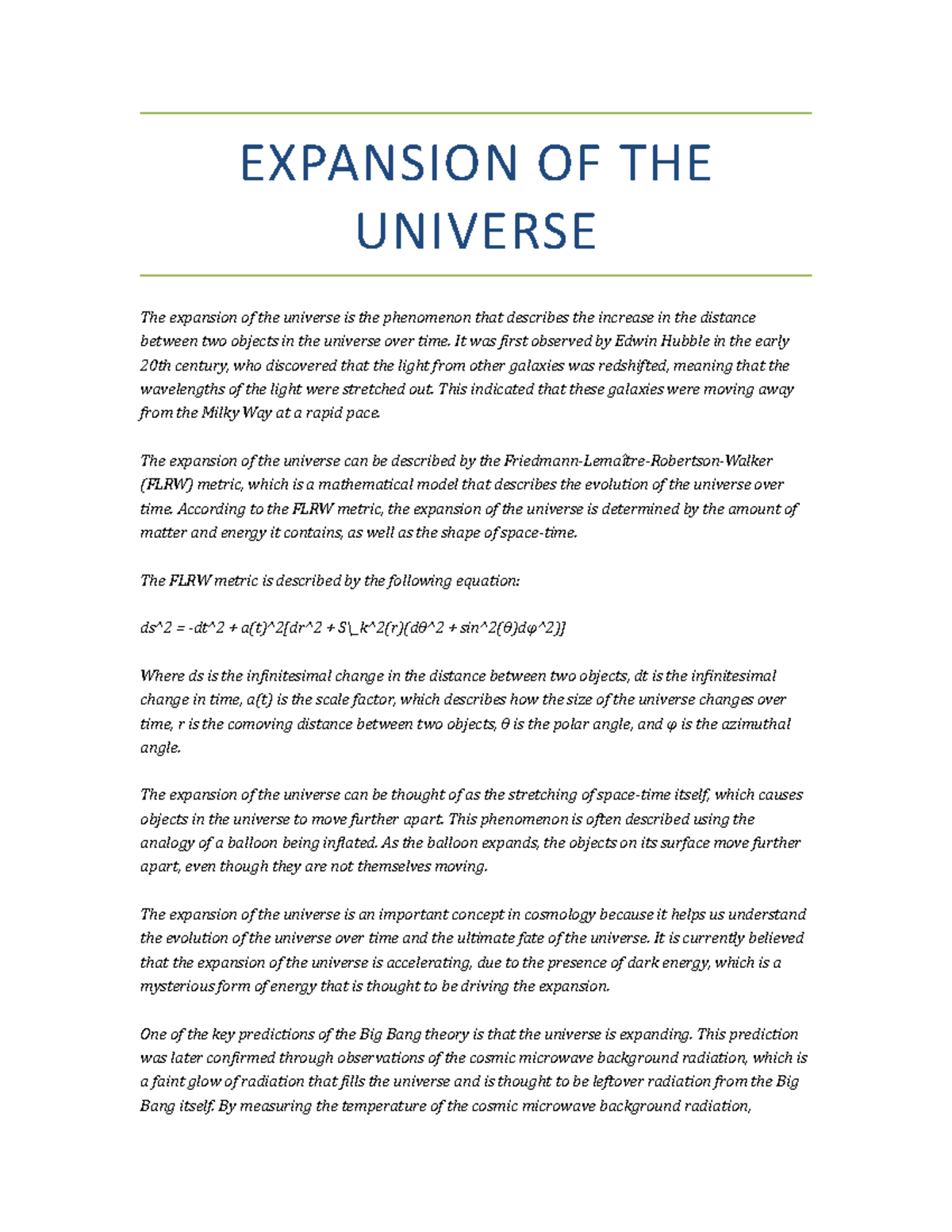 Expansion of the universe in astronomy - EXPANSION OF THE UNIVERSE The ...