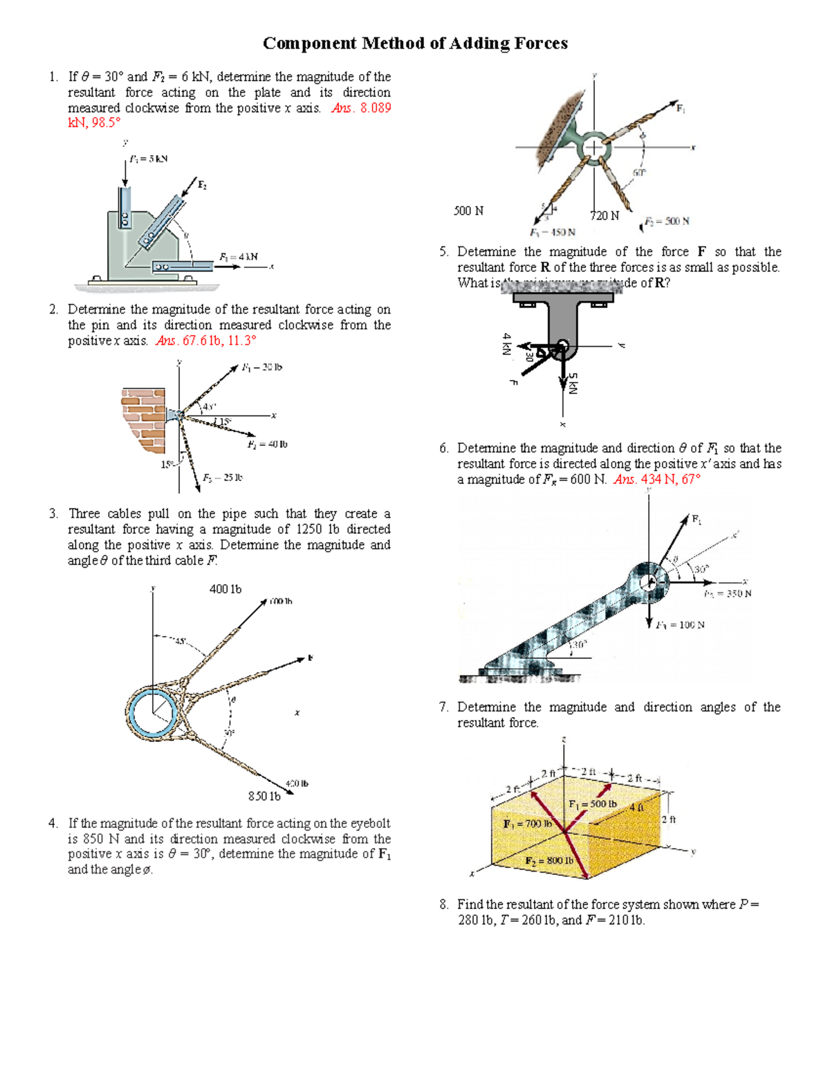 Component Method of Adding Forces - Ans. 8. kN, 98° Determine the ...