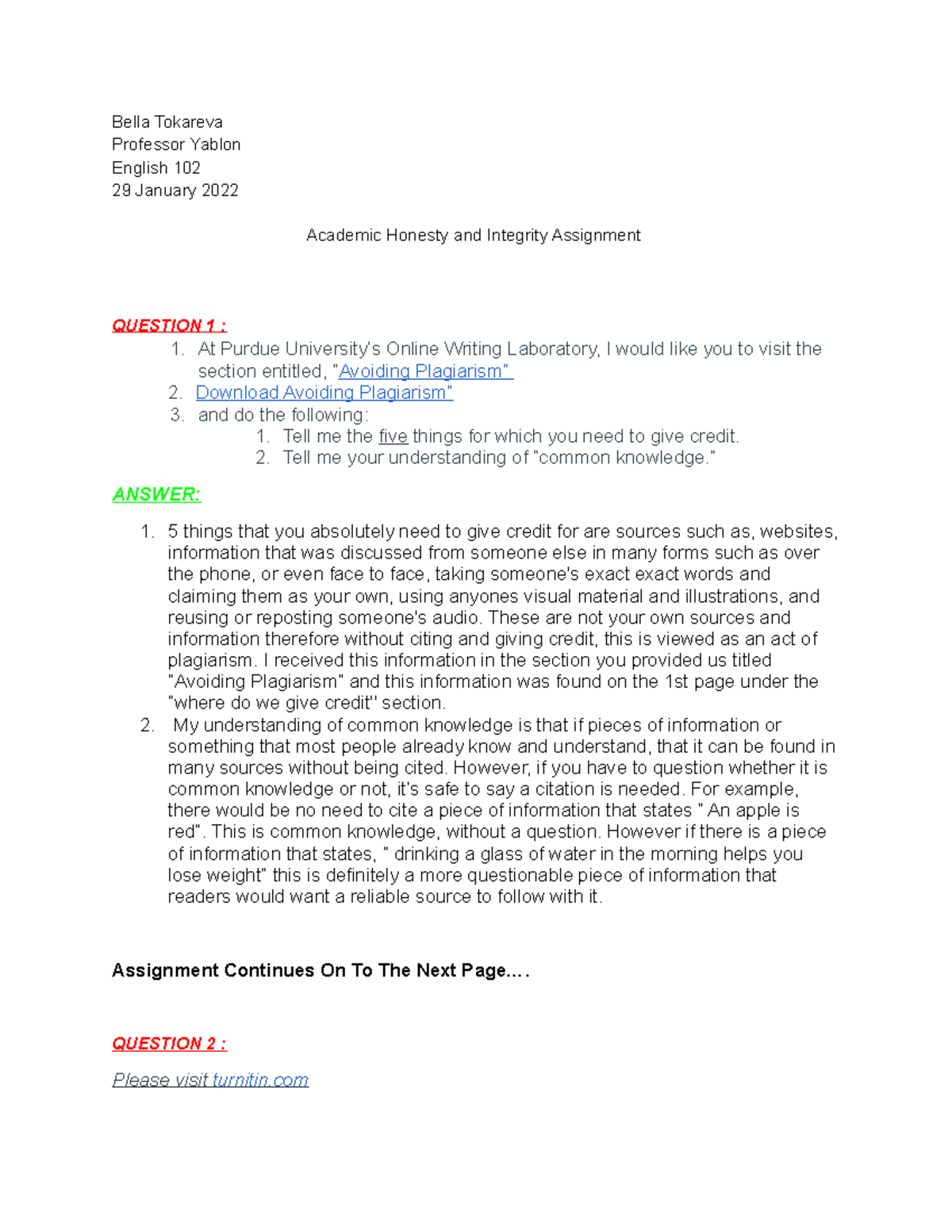 Academic Honesty and Integrity Assignment - Bella Tokareva Professor ...