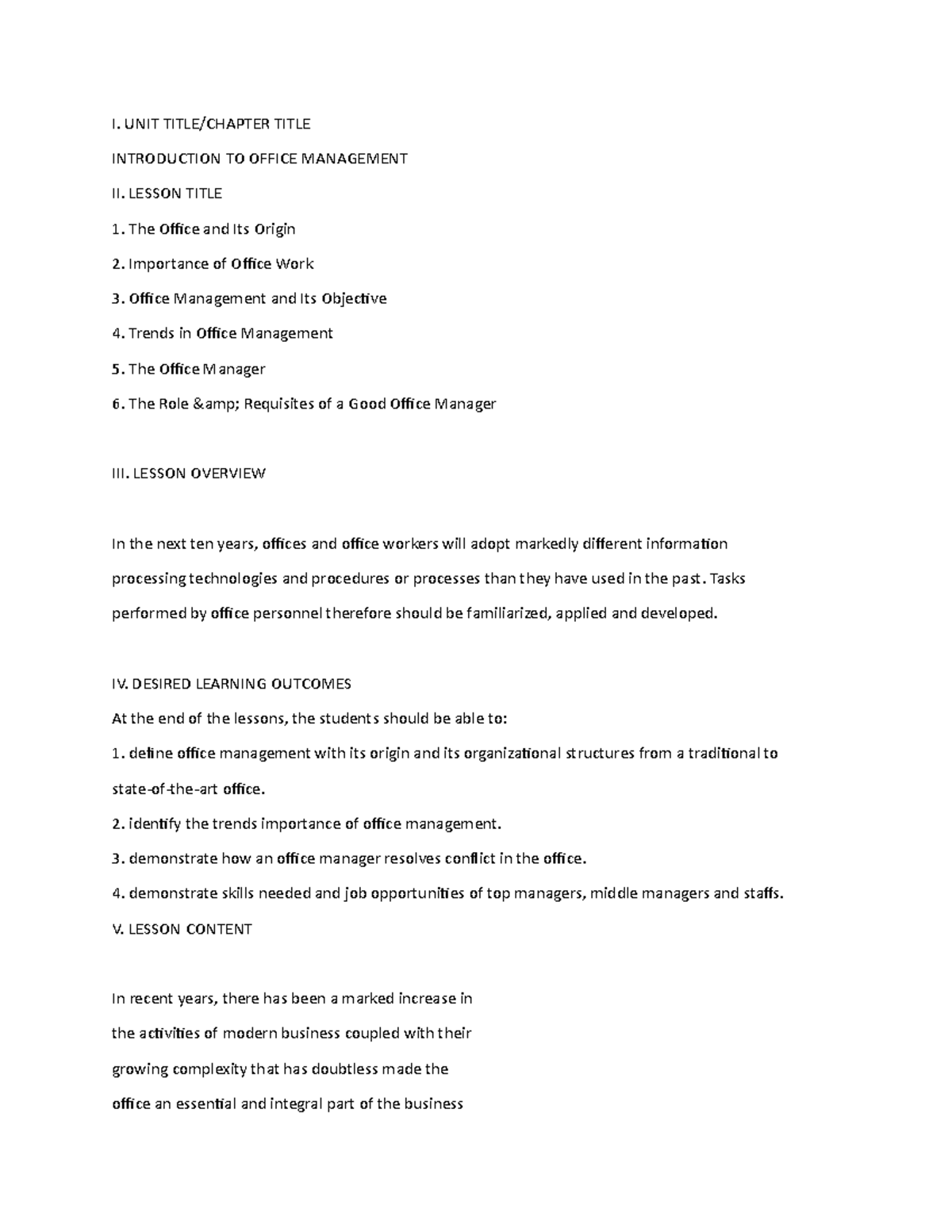 INTRODUCTION TO OFFICE MANAGEMENT - I. UNIT TITLE/CHAPTER TITLE ...