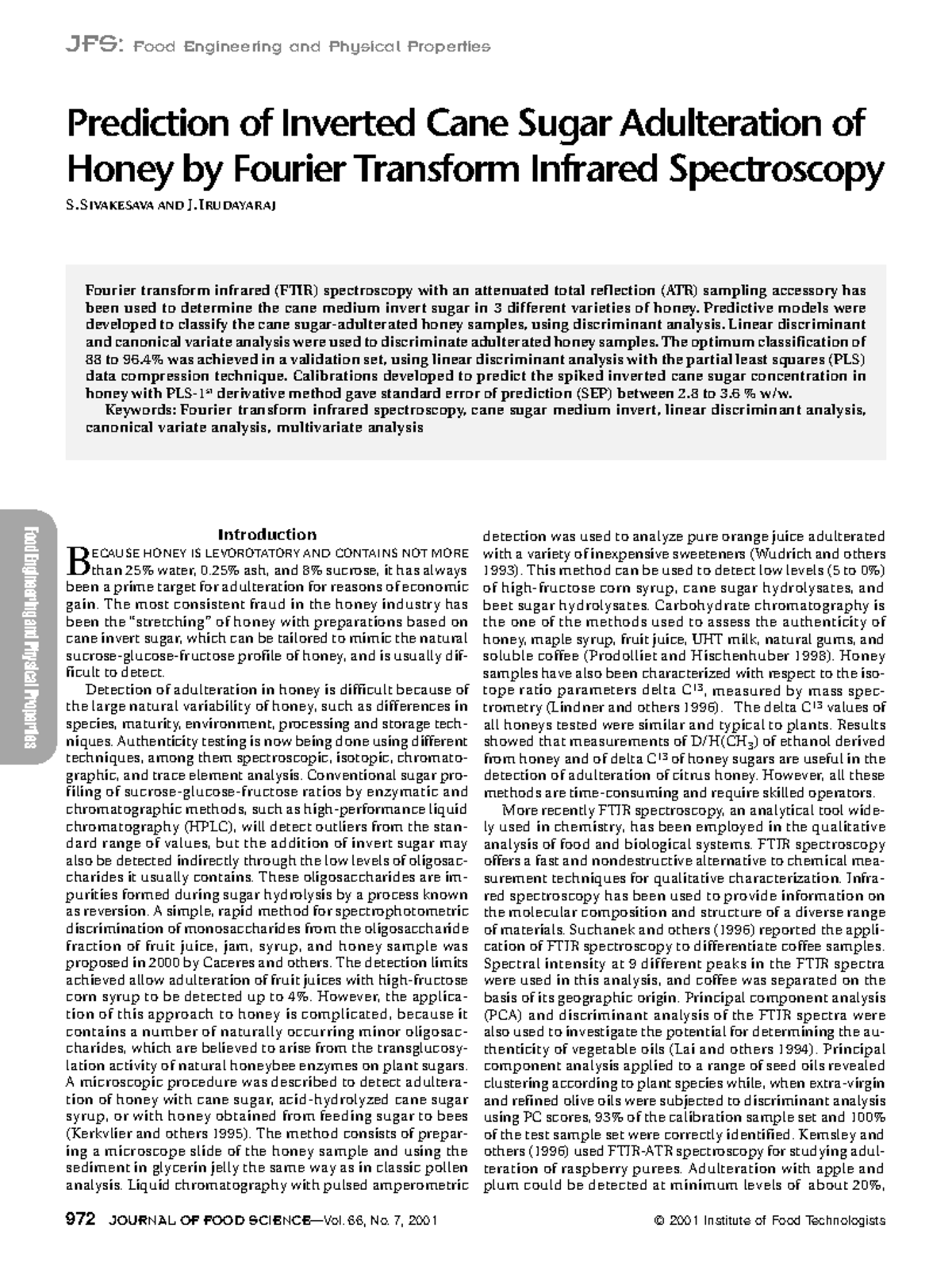 Adulteration inverted cane sugar - 972 JOURNAL OF FOOD SCIENCE—Vol. 66 ...