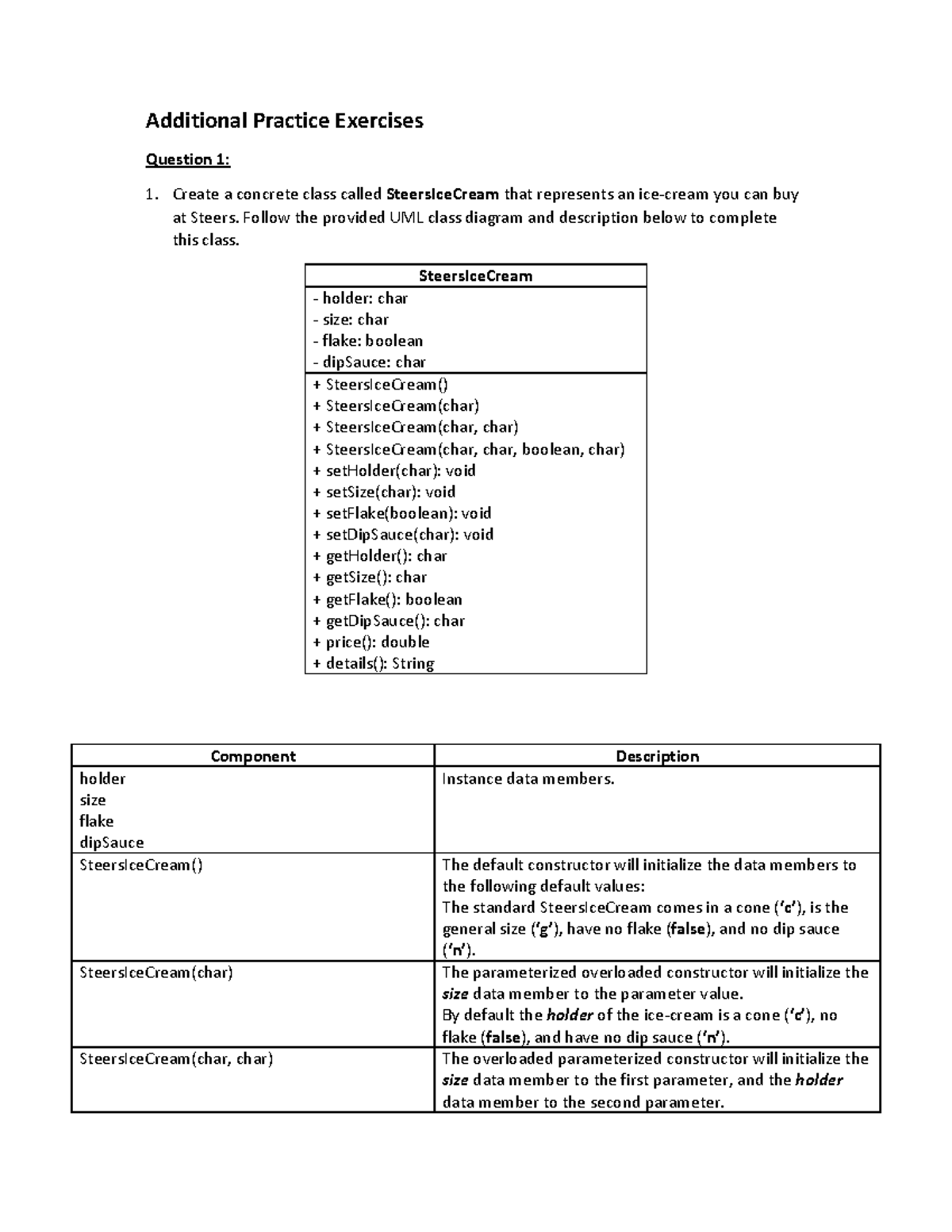 User Defined Concrete Classes Additional Practice Exercises Question