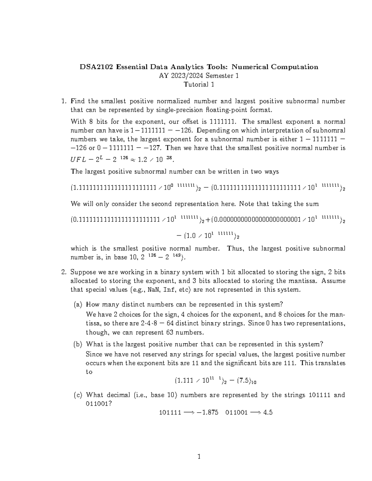 DSA2102 2324s1 tut1 solns - DSA2102 Essential Data Analytics Tools: Numerical Computation AY ...
