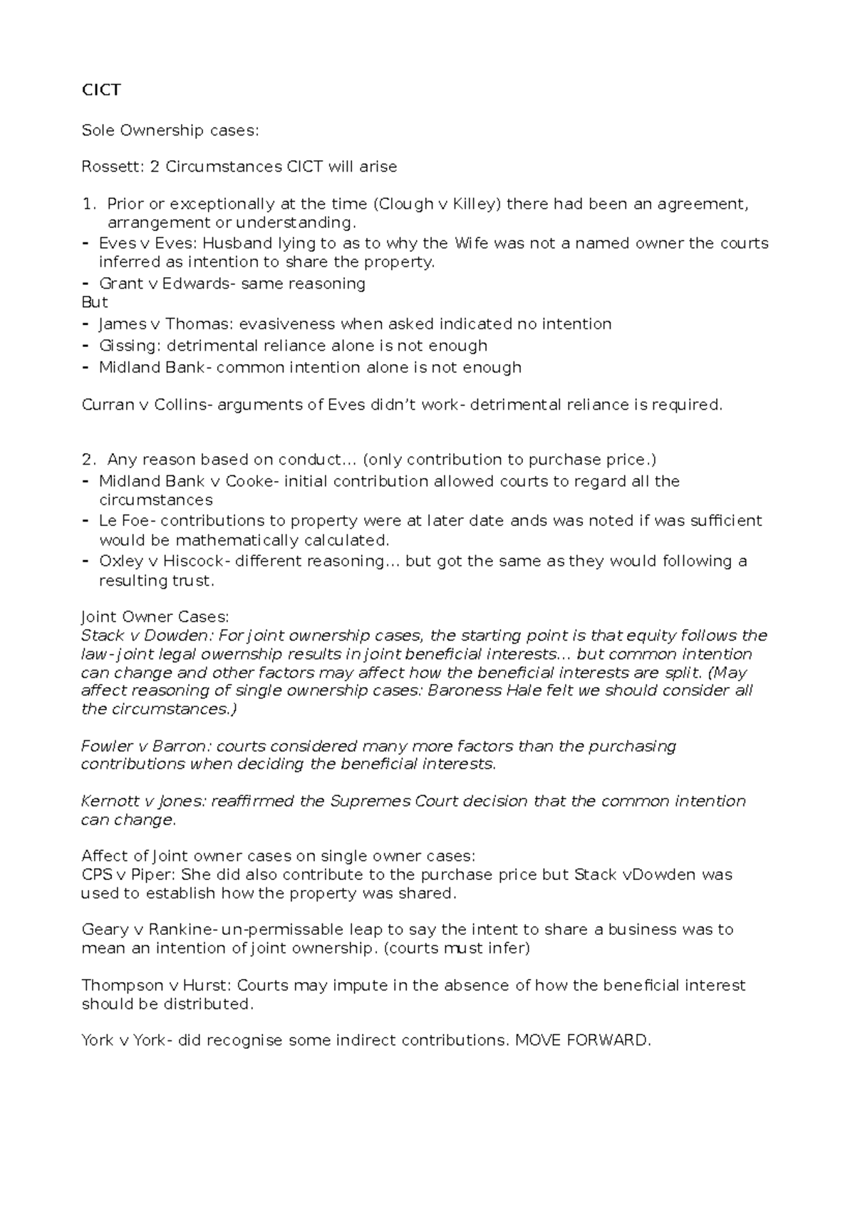 CICT notes - Grade: 2:1 - CICT Sole Ownership cases: Rossett: 2 ...