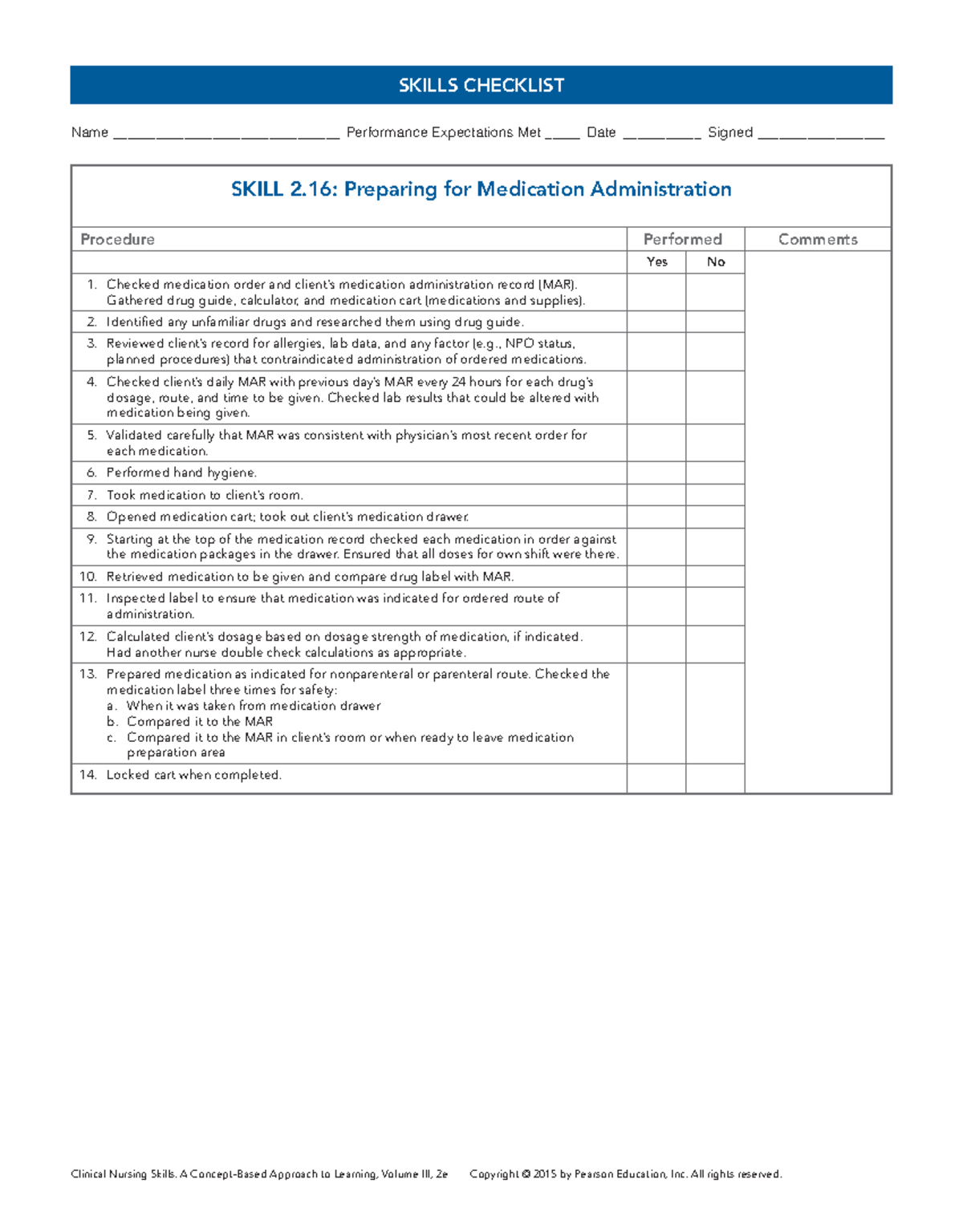 Cs2e skill checklist 2 - n/a - Clinical Nursing Skills: A Concept-Based ...