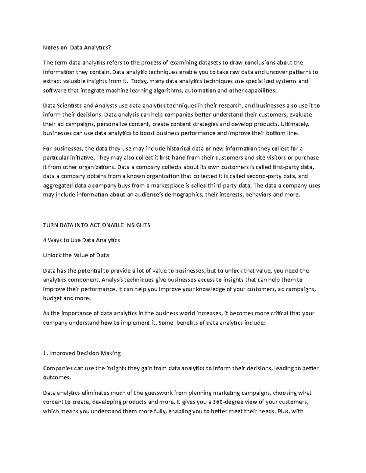 Notes on Data Analytics - Data analytic techniques enable you to take ...