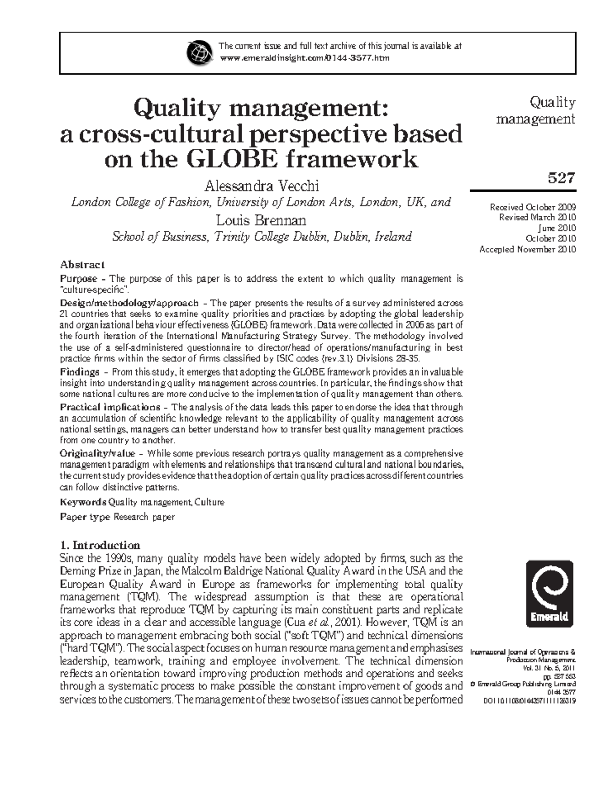 Quality management a cross‐cultural perspective based on the Globe ...