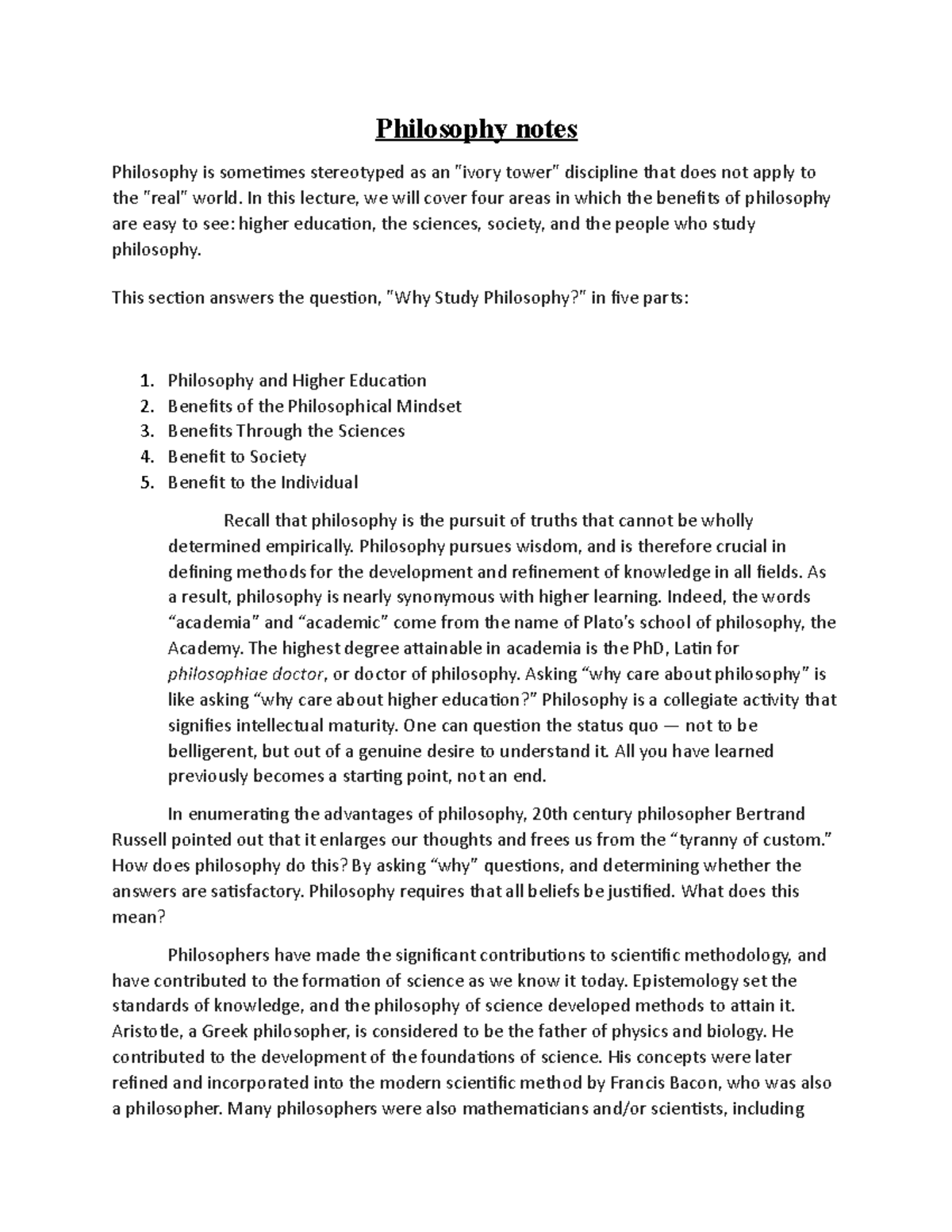 Philosophy 2 - notes - Philosophy notes Philosophy is sometimes ...