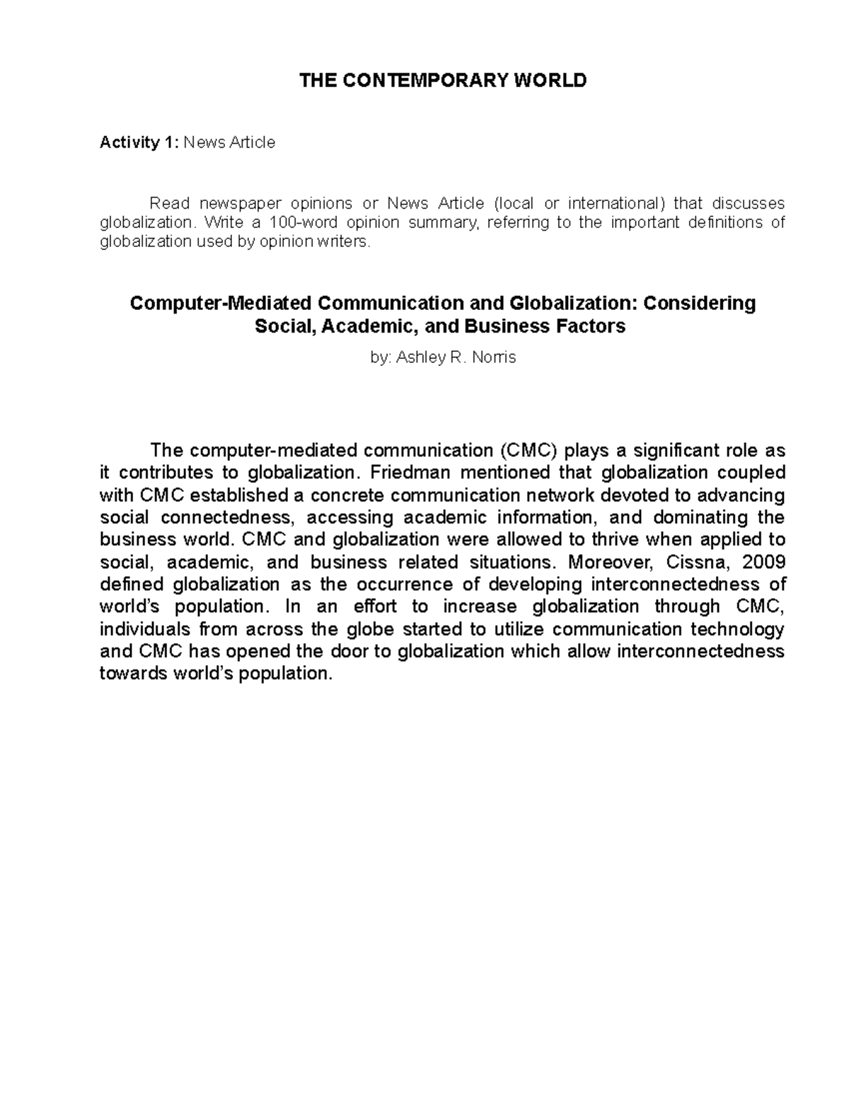 The Contemporary World-Practical 1 - THE CONTEMPORARY WORLD Activity 1 ...