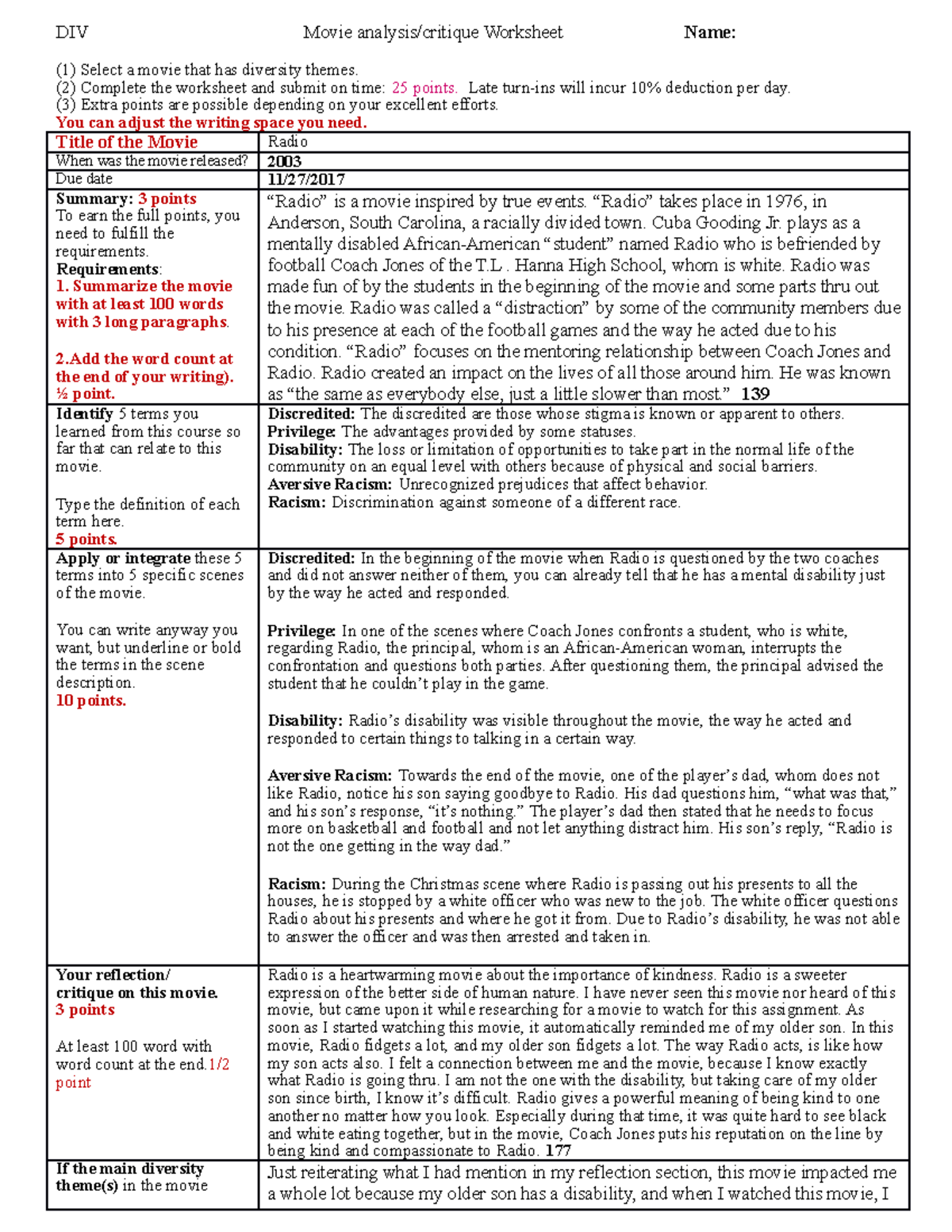 DIVmovie 2 - DIV Movie analysis/critique Worksheet Name: (1) Select a ...