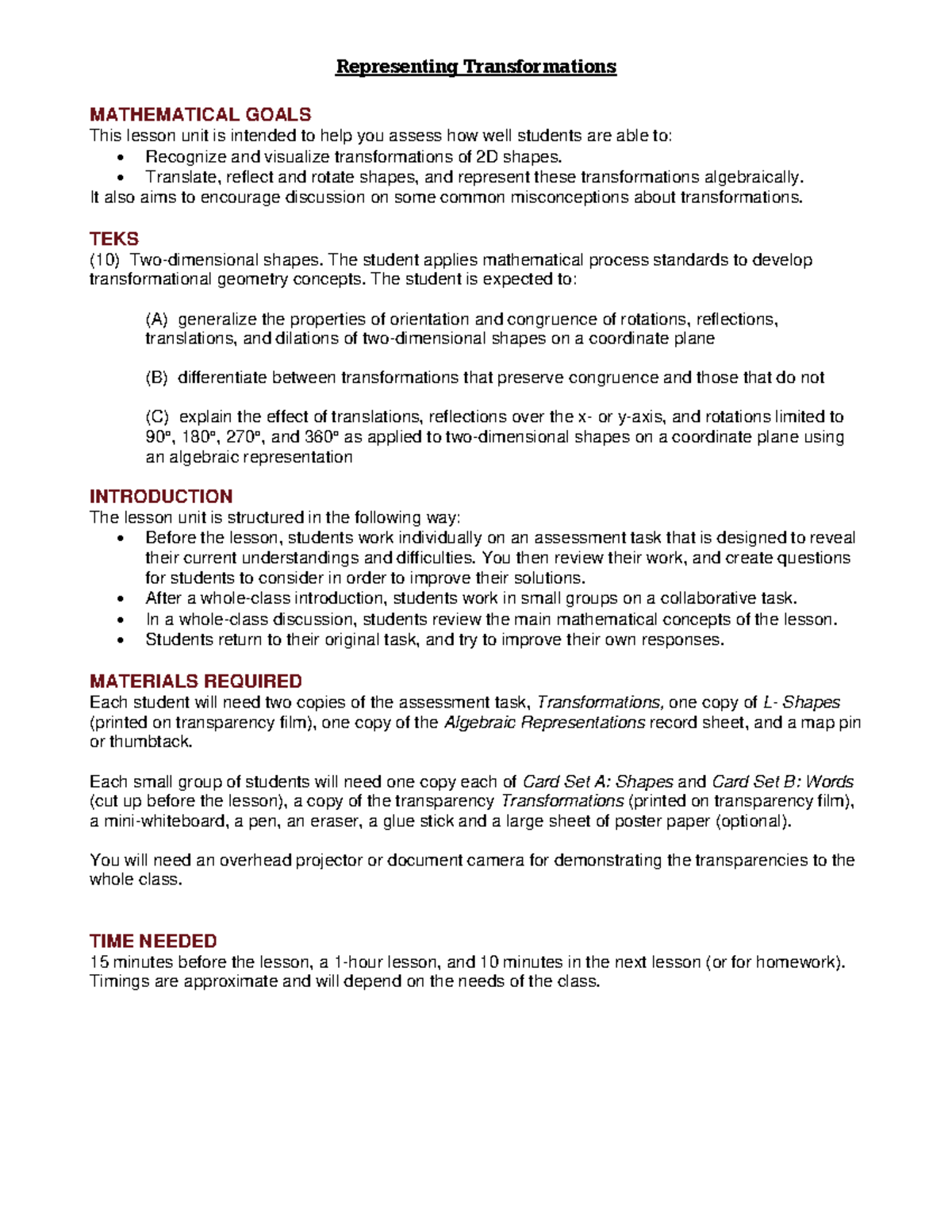 8th Grade Representing Transformations - Reflect, Translate, Rotate ...
