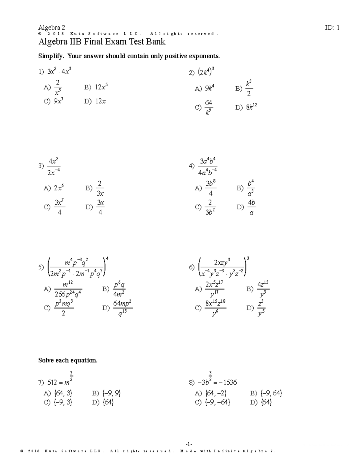 Algebra IIB Final Exam Test Bank 5-24-16 - ©D d 2 z 0 y 1 t 8 A ...