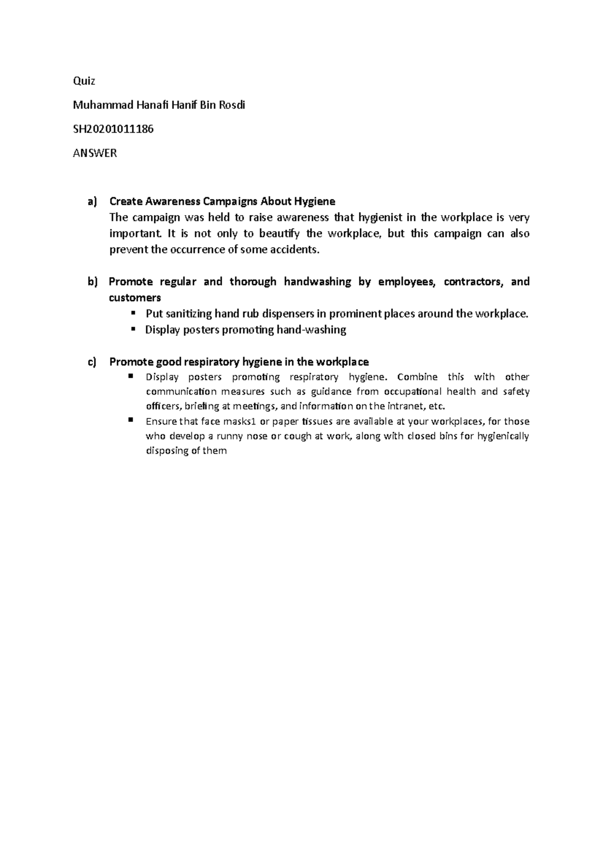 Quiz HYG - Test - Quiz Muhammad Hanafi Hanif Bin Rosdi SH ANSWER a ...