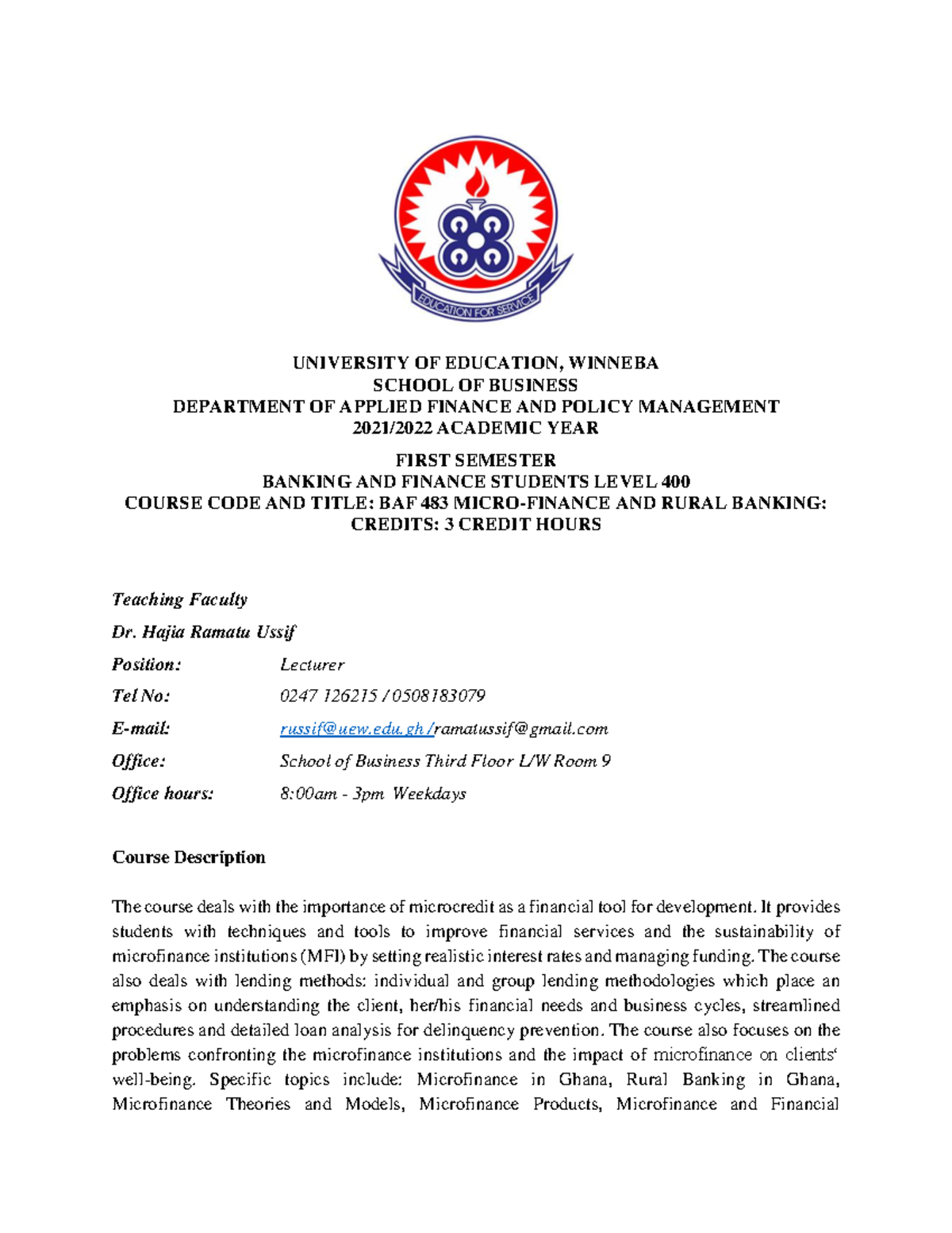 Lecture 1 BAF 482 Course Outline Microfinance and Rural Banking ...