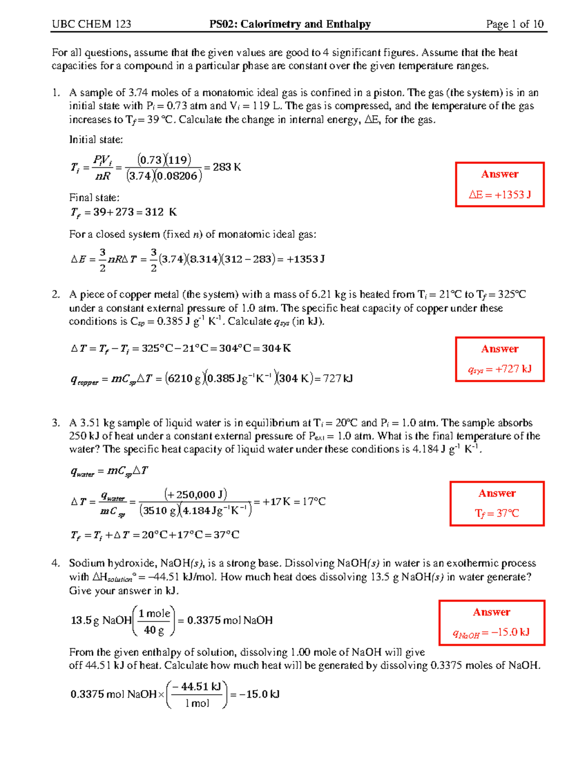 PS02 Calorimetry Enthalpy solutions 2020 - For all questions, assume ...