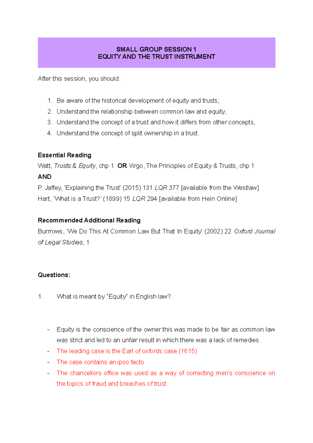 Small Group Session 1 - SMALL GROUP SESSION 1 EQUITY AND THE TRUST ...