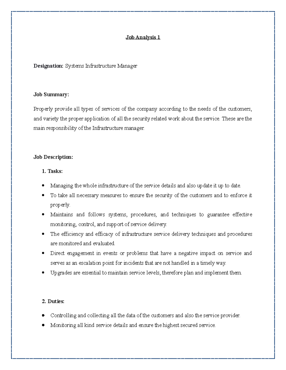 Job Analysis 1 - Assignment - Job Analysis 1 Designation: Systems ...