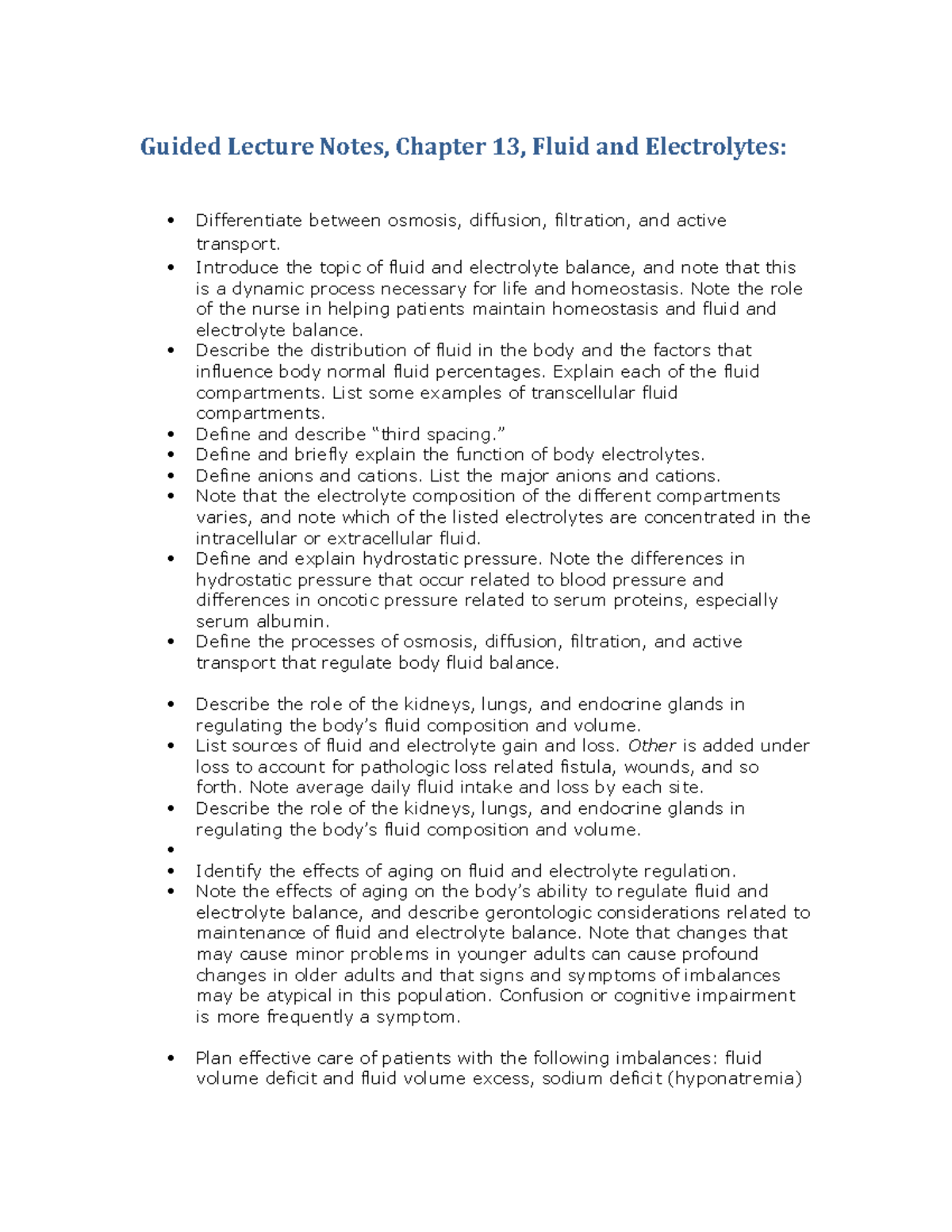 Guided Lecture Note Fluid Electrolytes - Guided Lecture Notes, Chapter ...