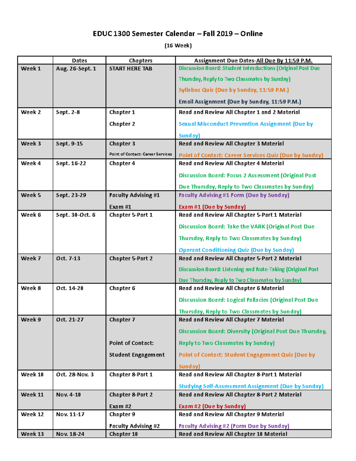 DL 16wk Fall 2019gg - EDUC 1300 Semester Calendar – Fall 2019 – Online ...