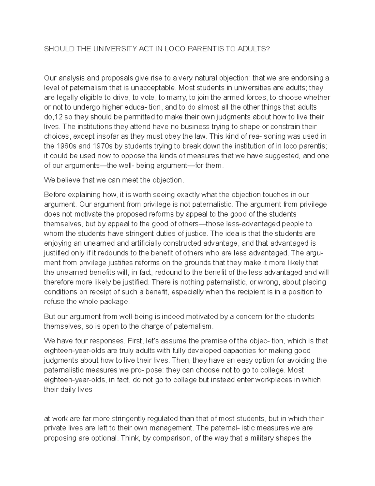 Should THE University ACT IN LOCO Parentis TO Adults - SHOULD THE ...