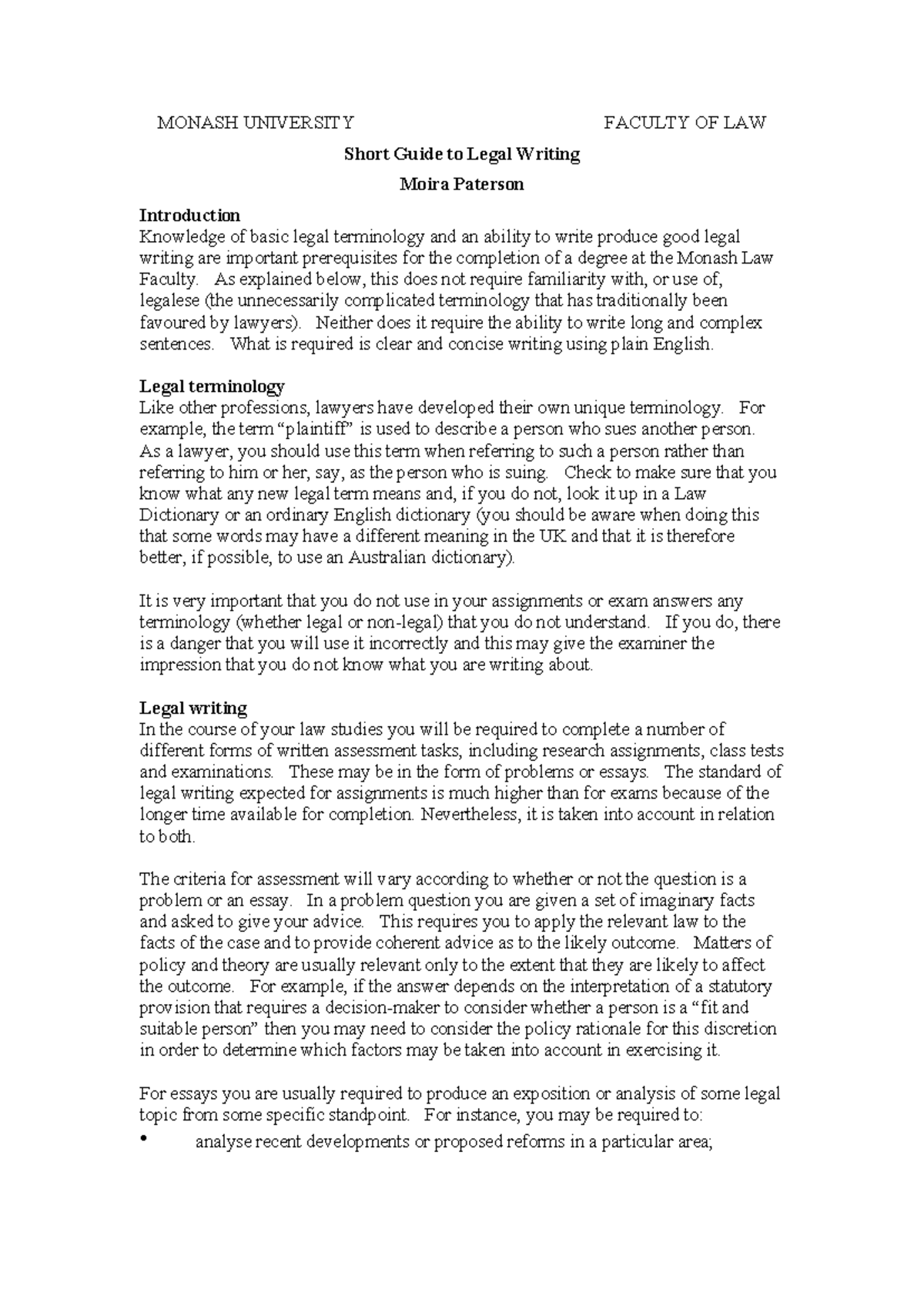 legal writing guide - MONASH UNIVERSITY FACULTY OF LAW Short Guide to ...