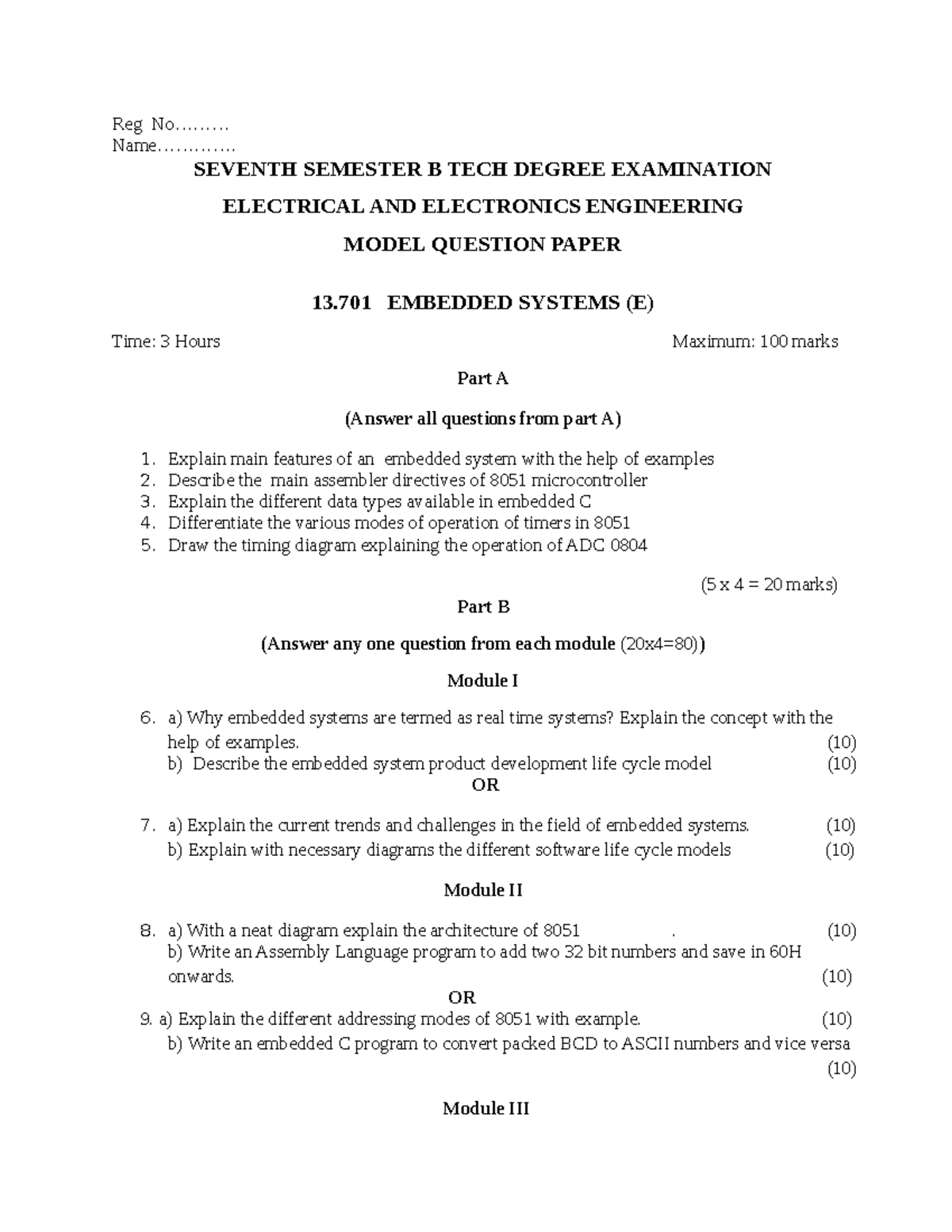 Embedded Systems Qp Semester Question Set Reg No Name Seventh Semester