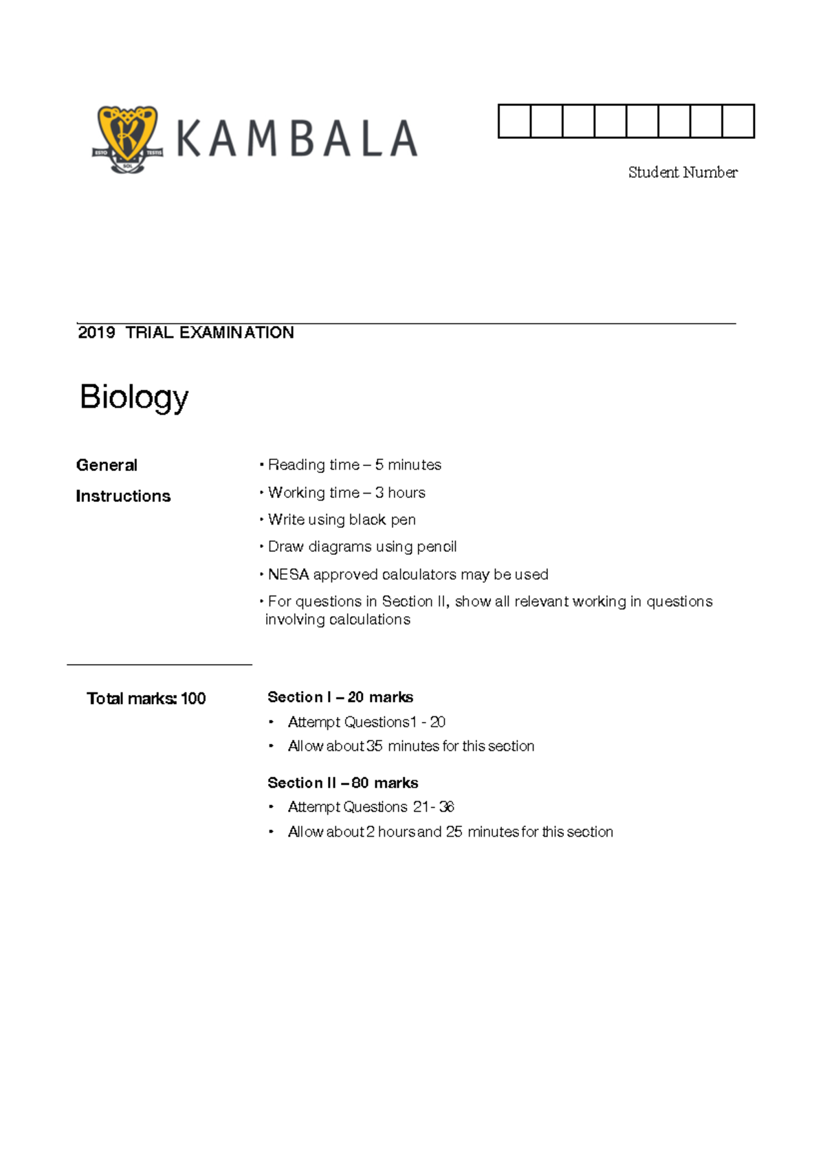 2019 Kambala 12 HSC Biology Trial exam - 2019 TRIAL EXAMINATION Biology ...