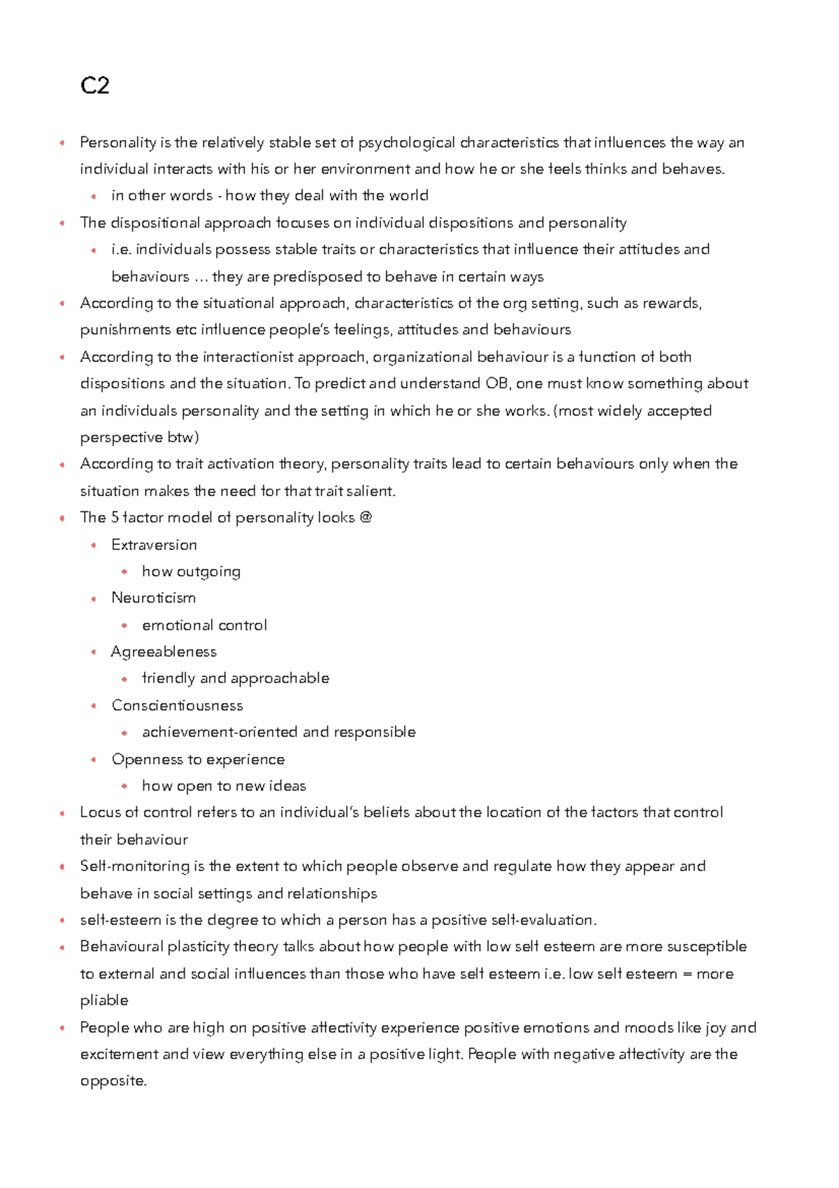 C2 - Textbook notes - C Personality is the relatively stable set of ...
