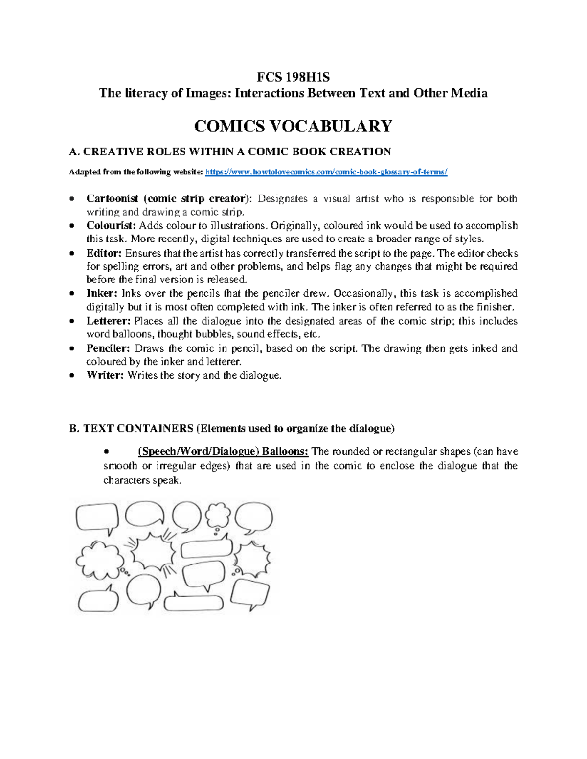 Comics Vocabulary - FCS 198H1S The literacy of Images: Interactions ...