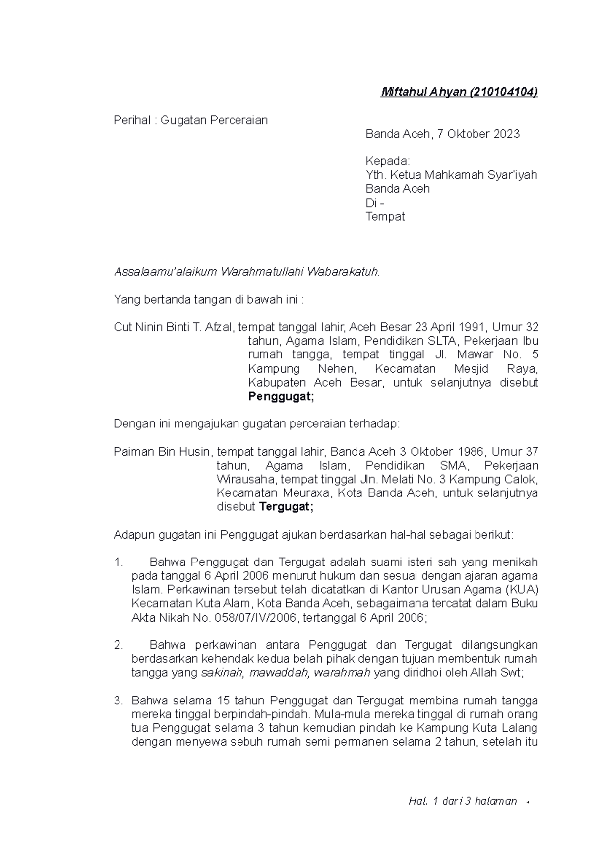 Surat Gugat Cerai - Miftahul Ahyan (210104104) Perihal : Gugatan ...