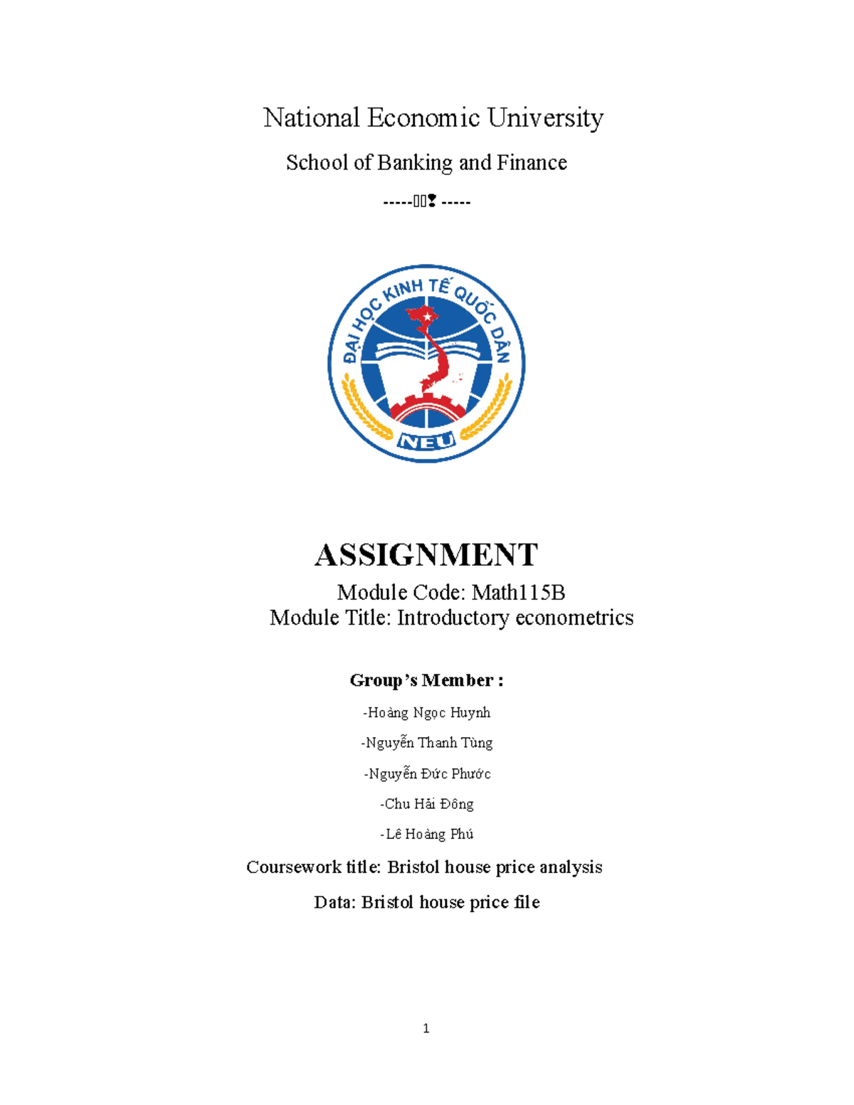 Kinh tế lượng assignment group 12 - National Economic University School ...