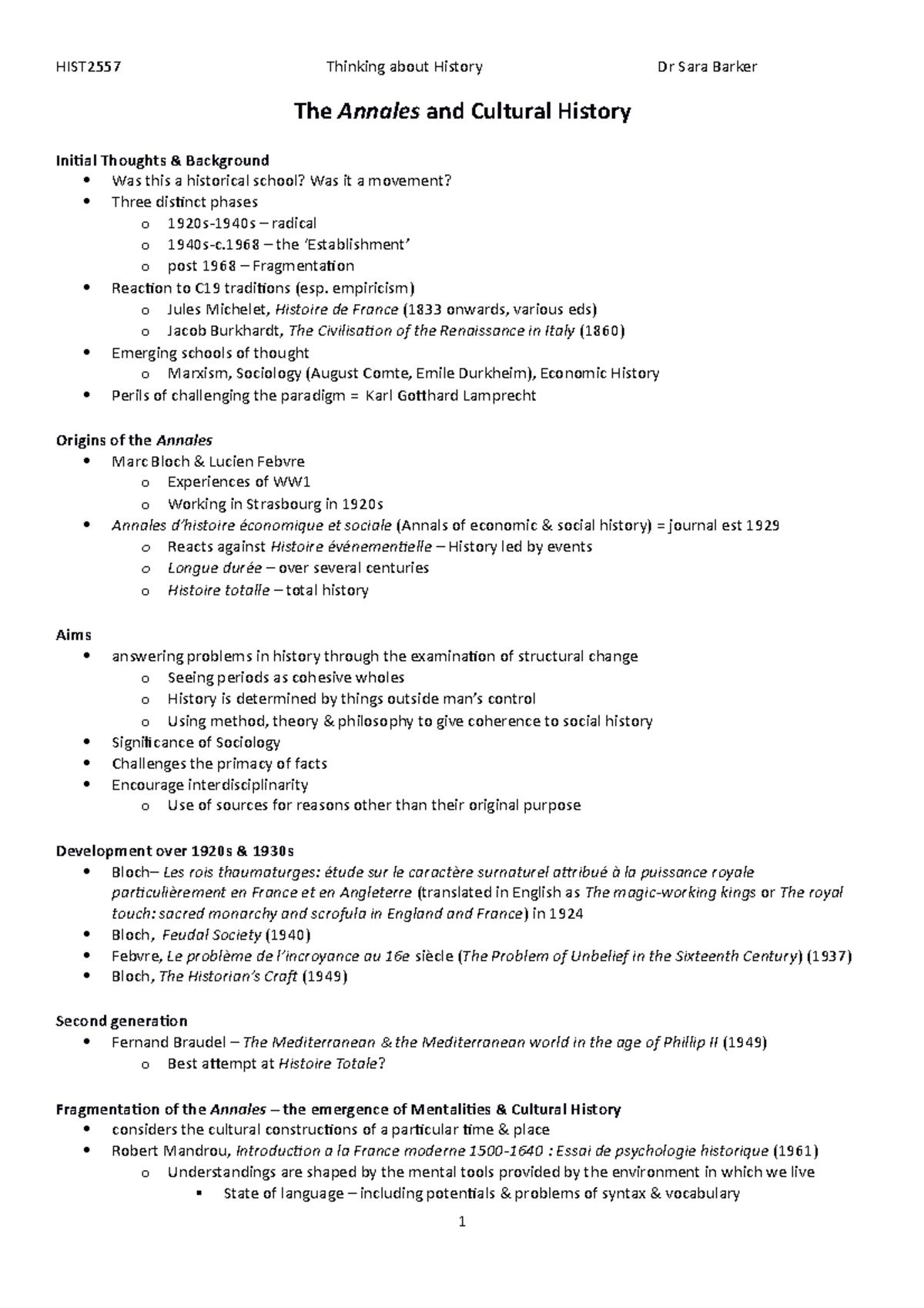 The Annales Handout - The Annales and Cultural History Initial Thoughts ...