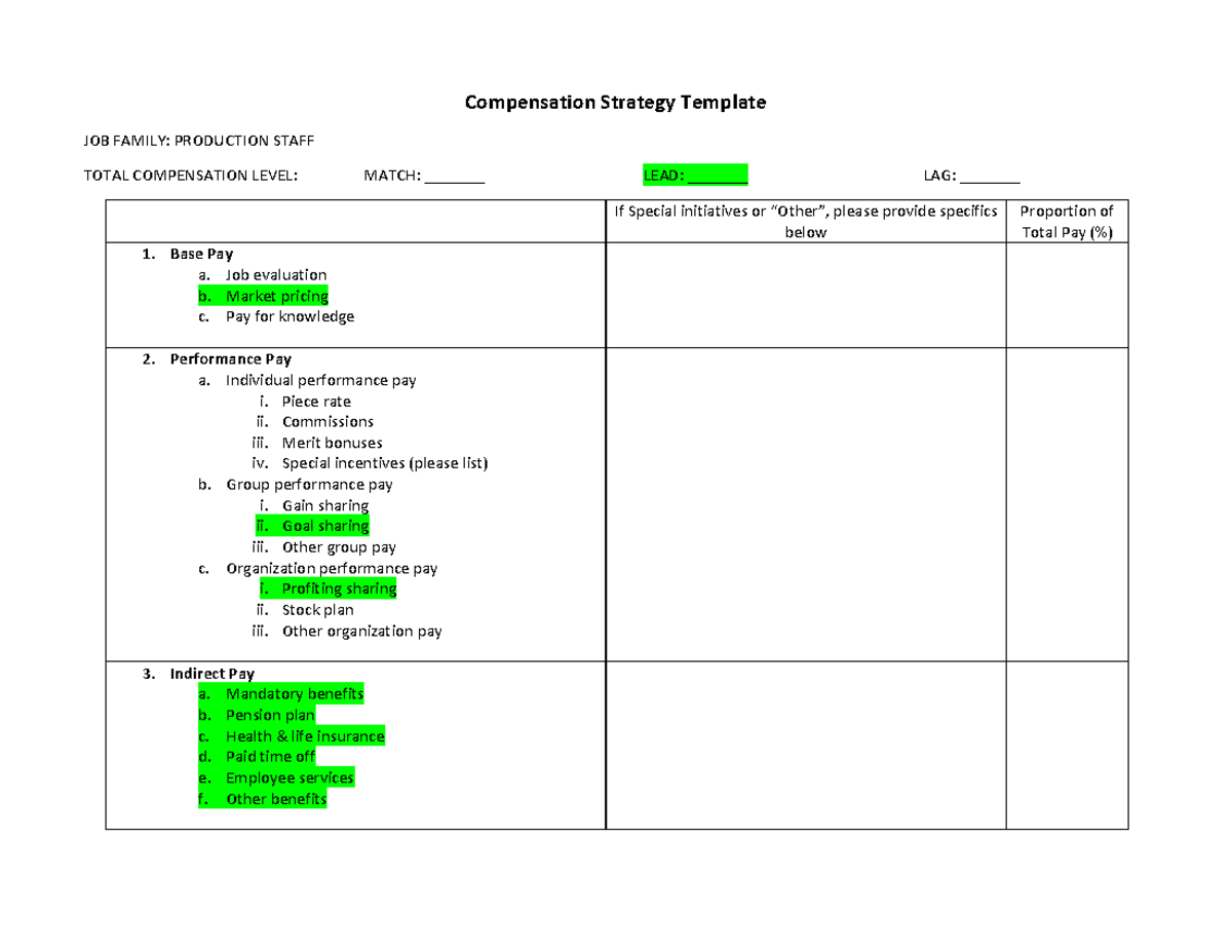 Compensation Strategy Template - Base Pay a. Job evaluation b. Market ...