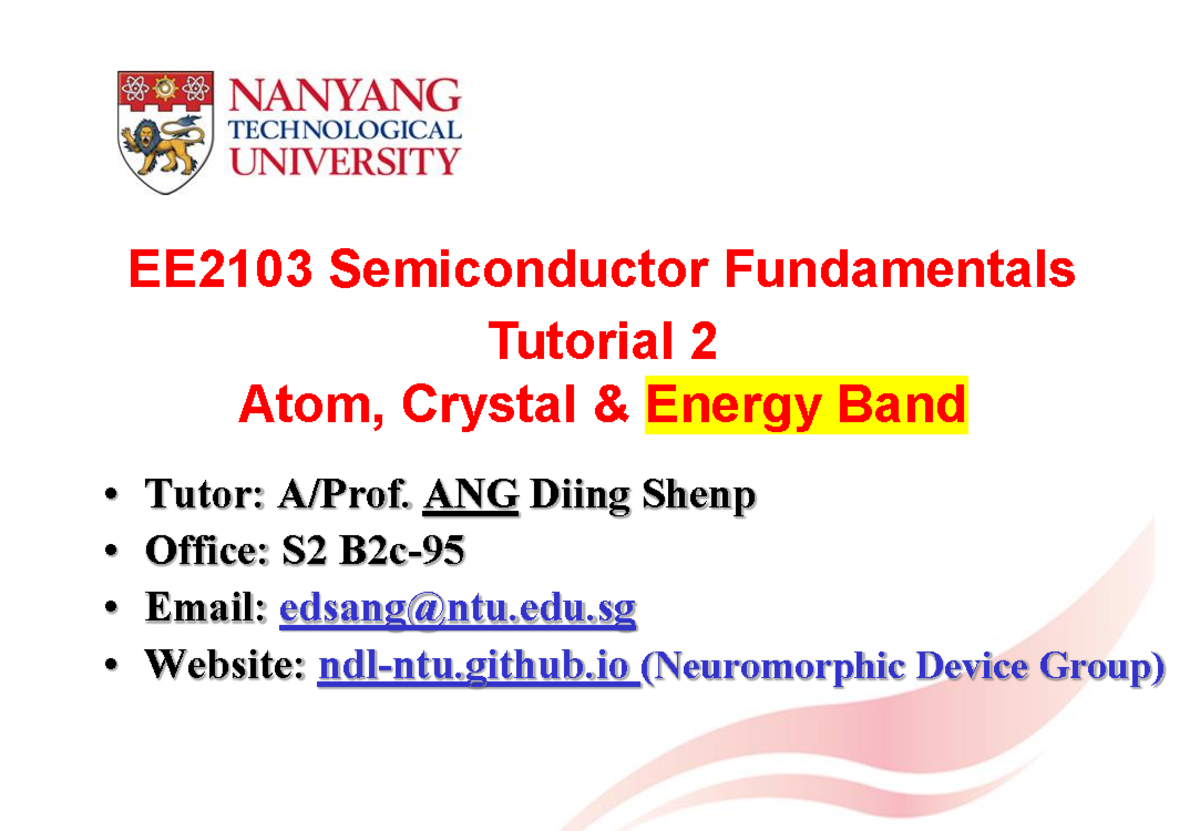 Tutorial 2 Notes - EE2103 Semiconductor Fundamentals Tutorial 2 Atom ...