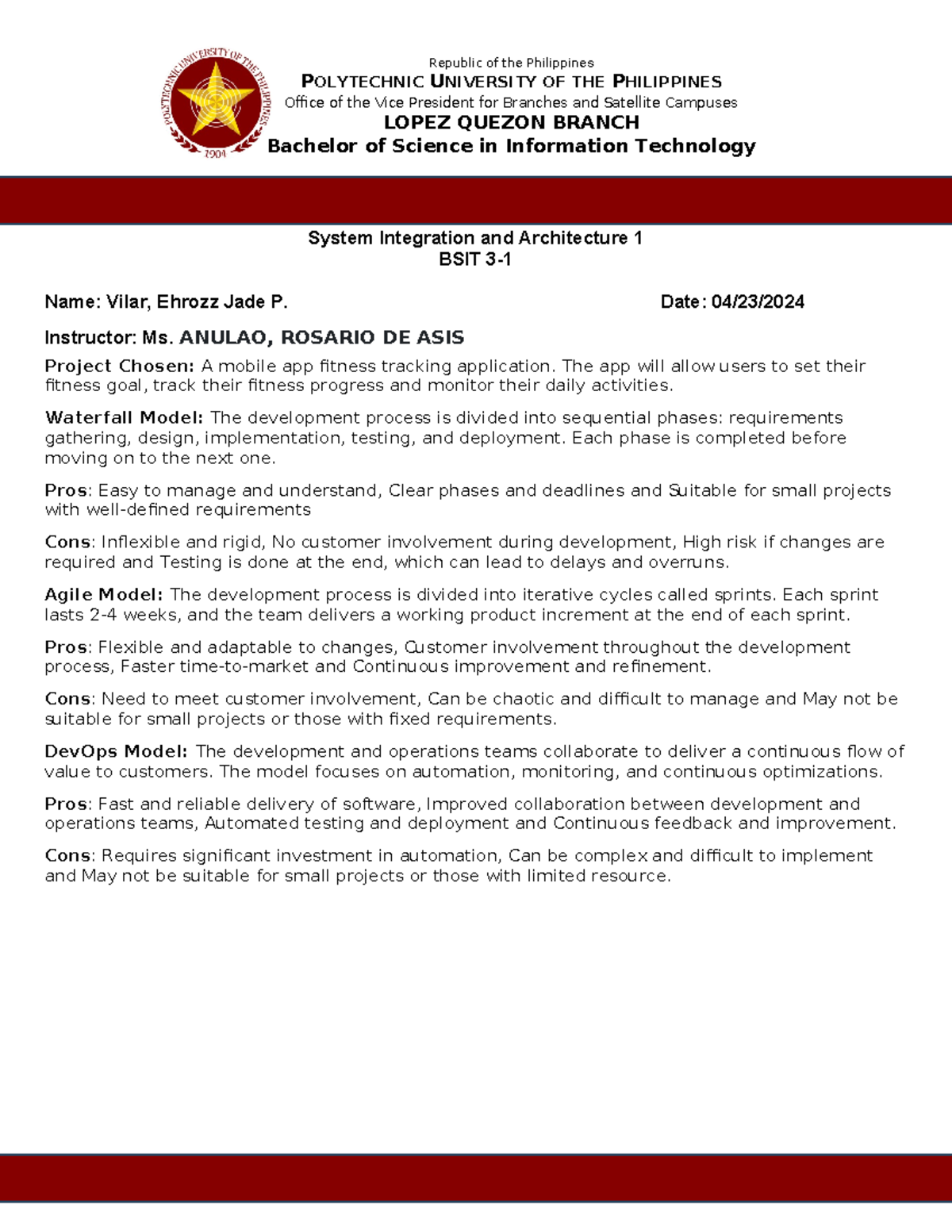 Vilar SIA Assignment - Republic of the Philippines POLYTECHNIC UNIVERSITY OF THE PHILIPPINES ...