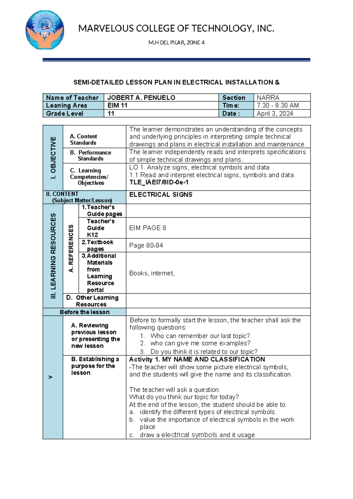 Jobert-LP-DEMO 041523 - M DEL PILAR, ZONE 4 SEMI-DETAILED LESSON PLAN ...