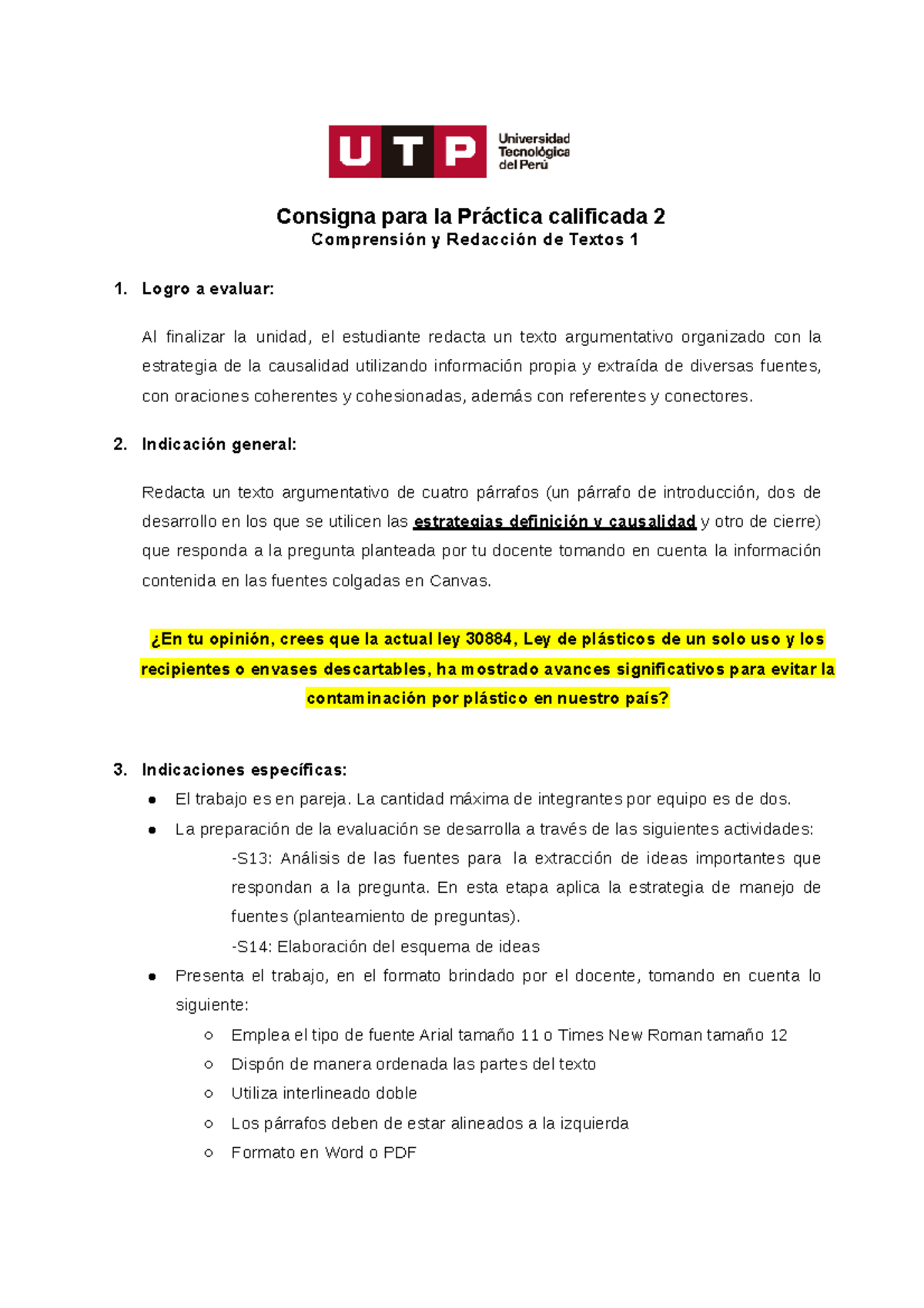GC N01I PC2Consigna 22C2A - Consigna para la Práctica calificada 2 Comprensión y Redacción de ...