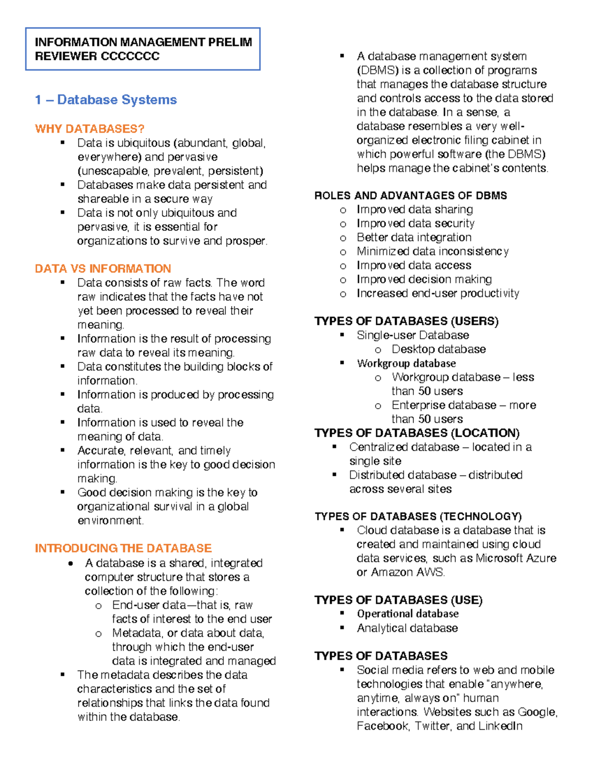 Informan Prelims Reviewer - INFORMATION MANAGEMENT PRELIM REVIEWER CCCCCCC 1 – Database Systems ...