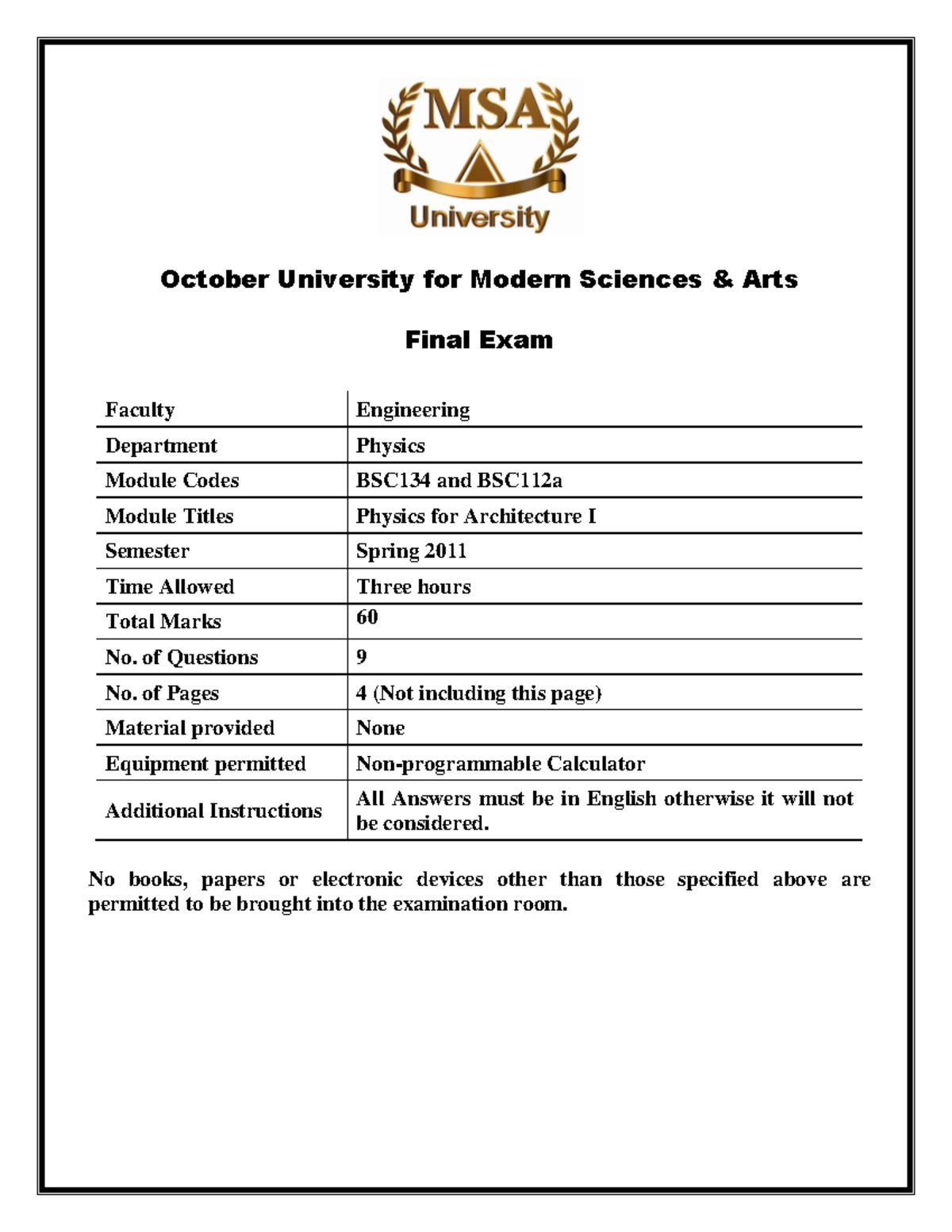 Final exam - Spring 2011 - October University for Modern Sciences ...