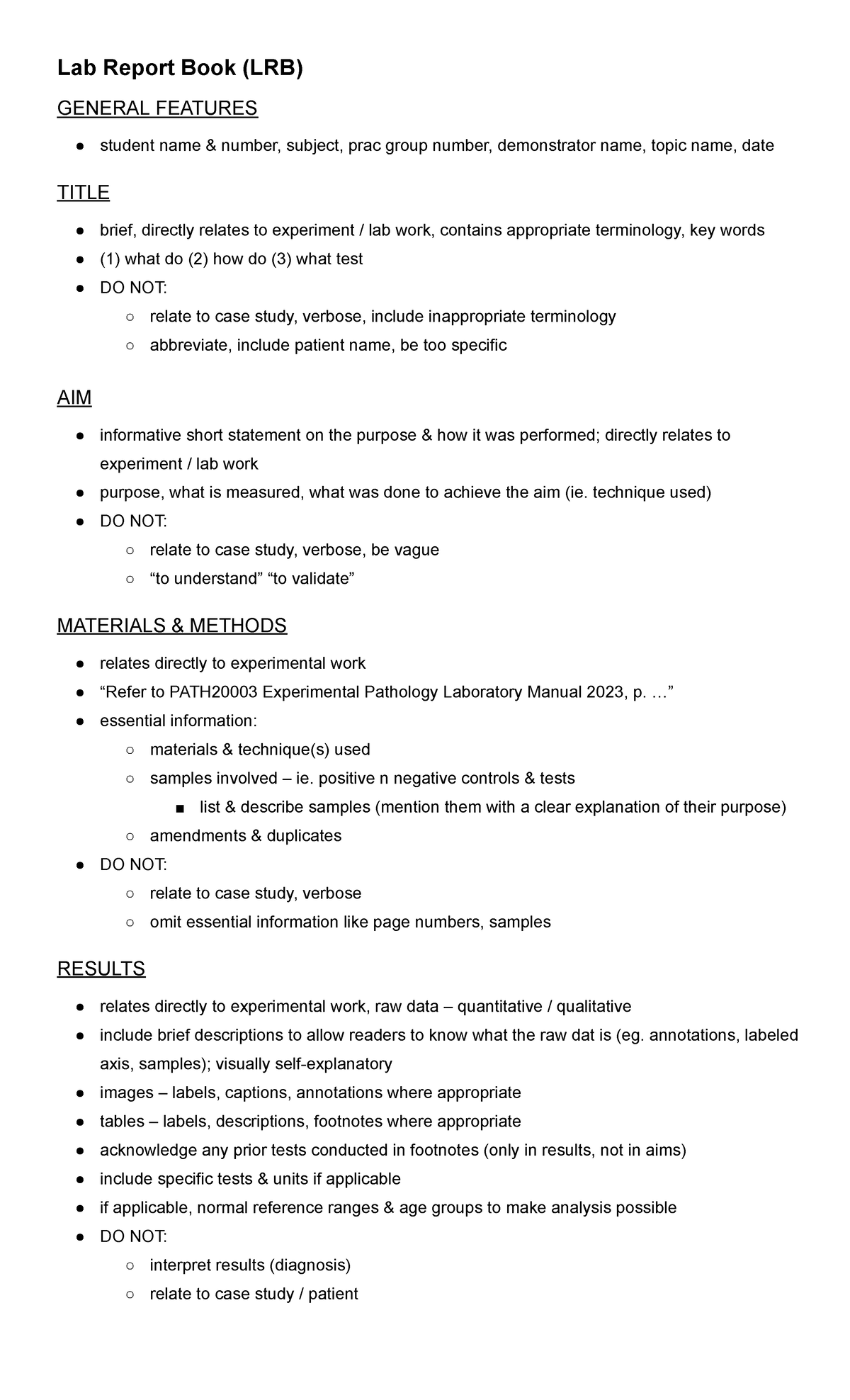 PATH2000 3 LRB & SR notes - Lab Report Book (LRB) GENERAL FEATURES ...