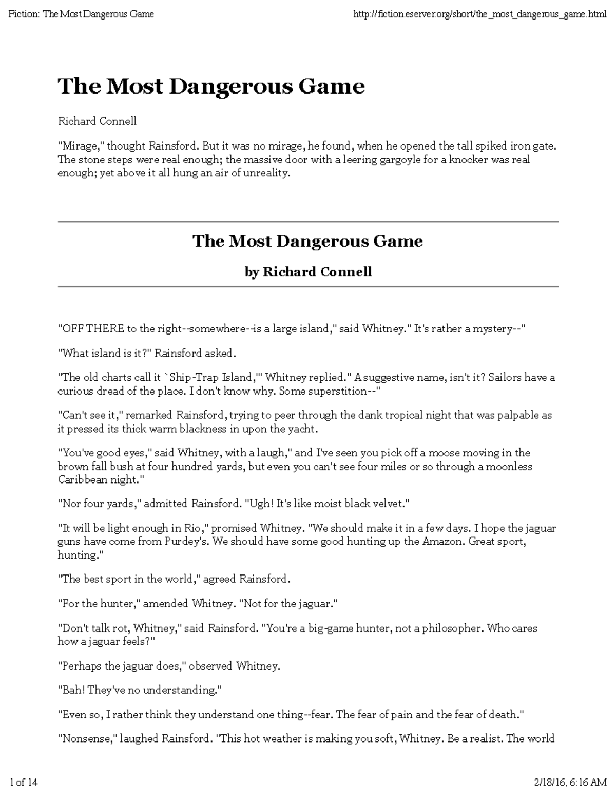 The Most Dangerous Game - The Most Dangerous Game Richard Connell ...