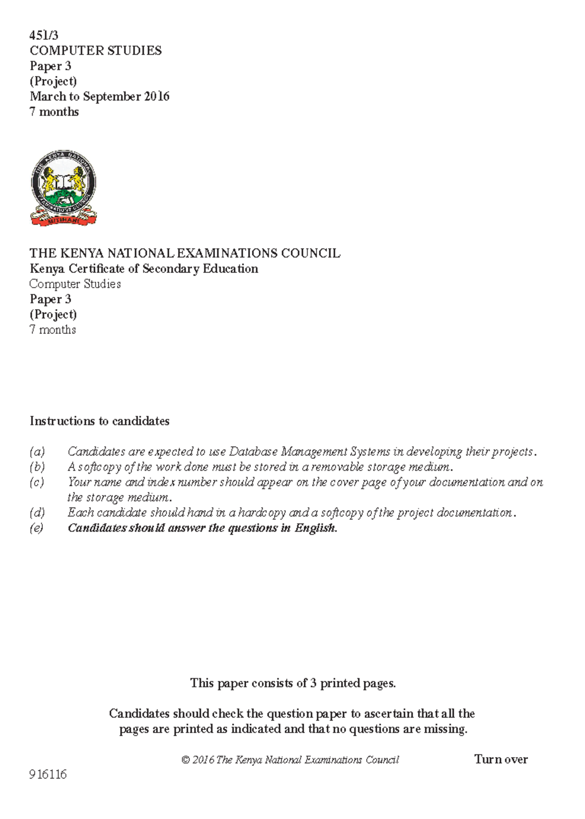 Computer Studies Paper 3 KCSE 2016 - 451/ COMPUTER STUDIES Paper 3 ...