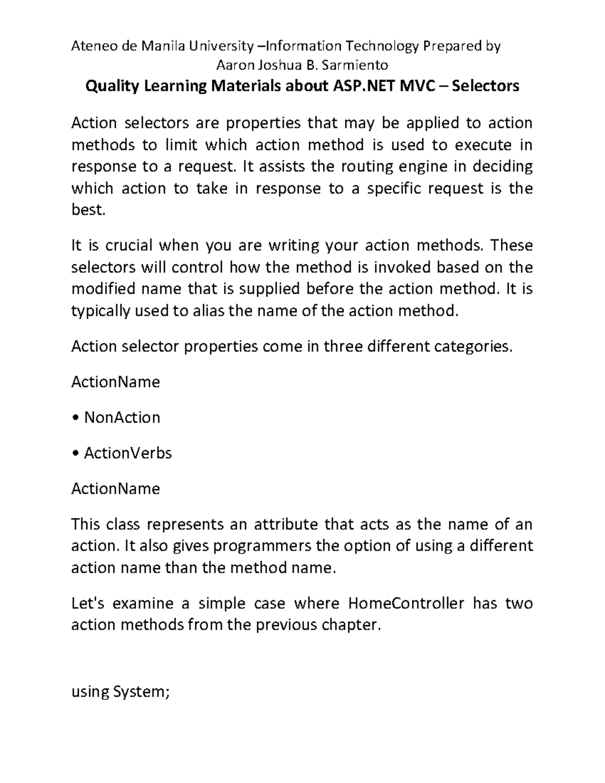 Quality Learning Materials About ASP.NET MVC - Selectors - Aaron Joshua B. Sarmiento Quality ...