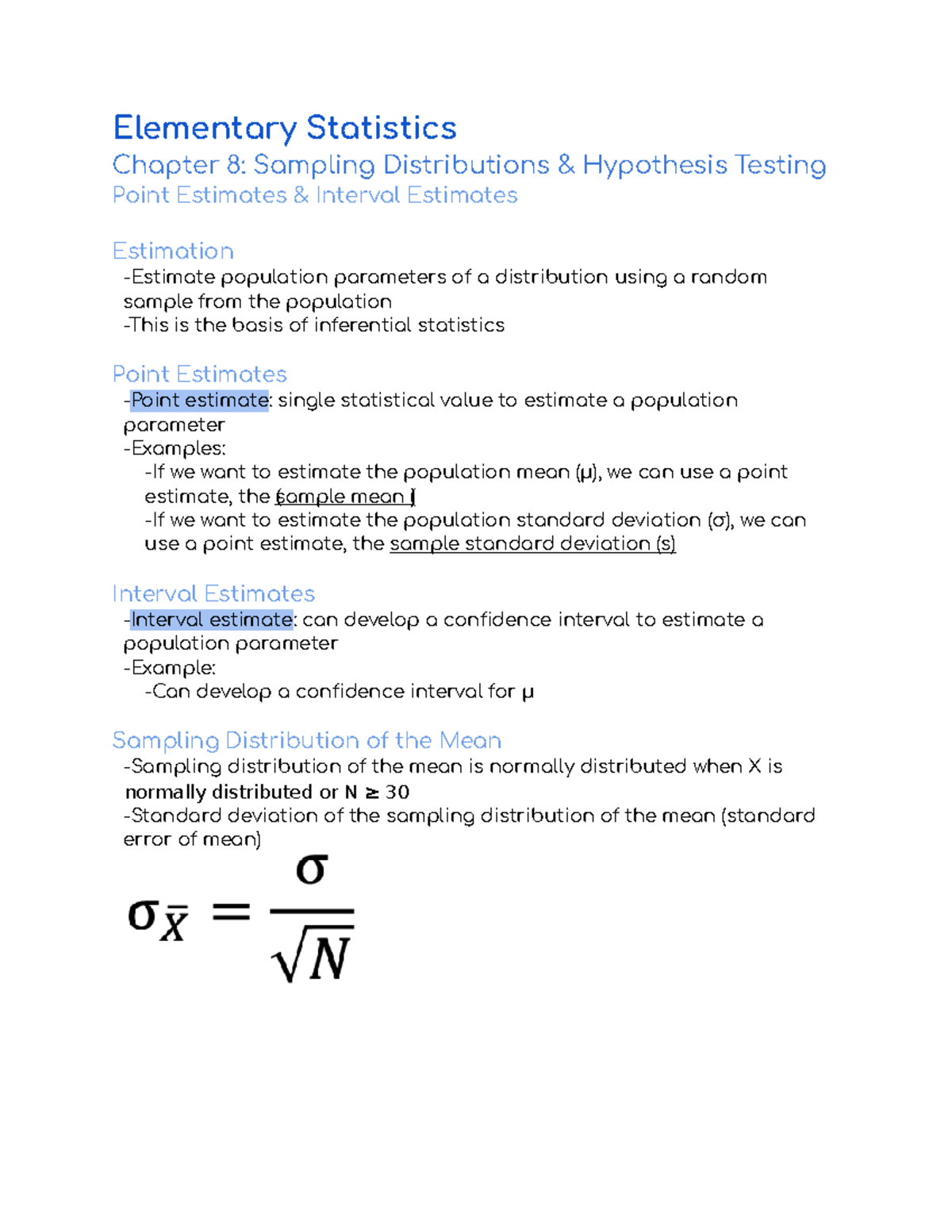 PSYC 301 Chapter 8: Sampling Distributions & Hypothesis Testing & Point ...