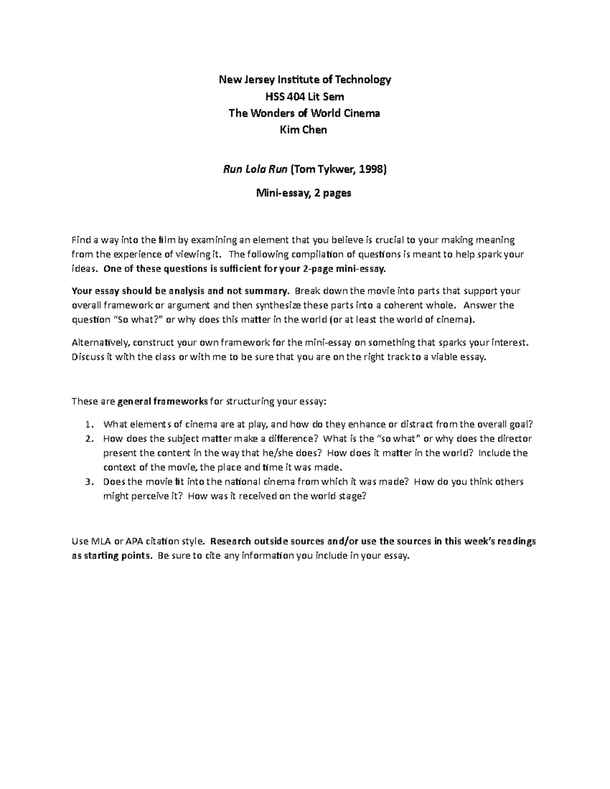 HSS 404 Run Lola Run mini-essay questions - New Jersey Institute of ...
