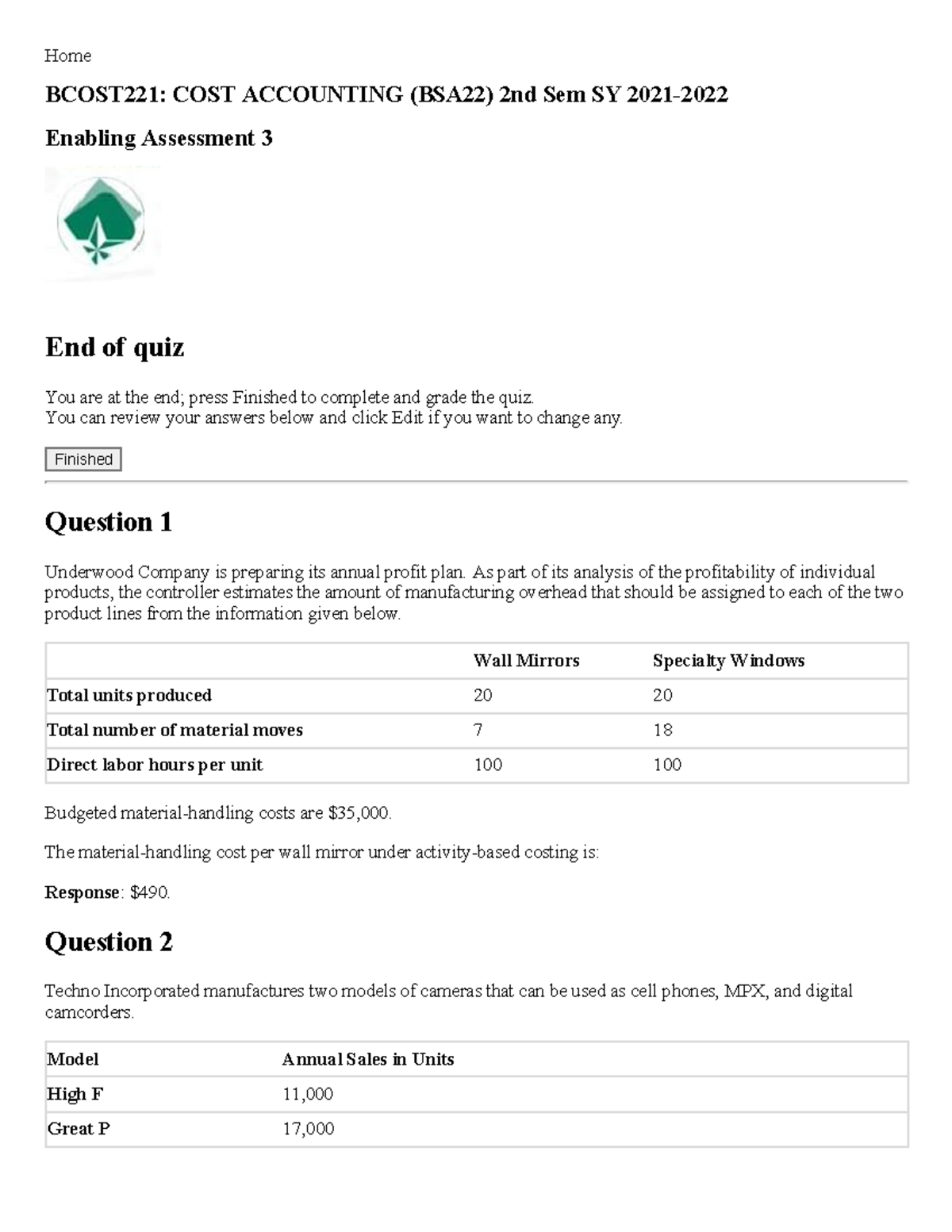Enabling Assessment 3 - Bcost 221 COST Accounting (BSA22) 2nd Sem SY ...