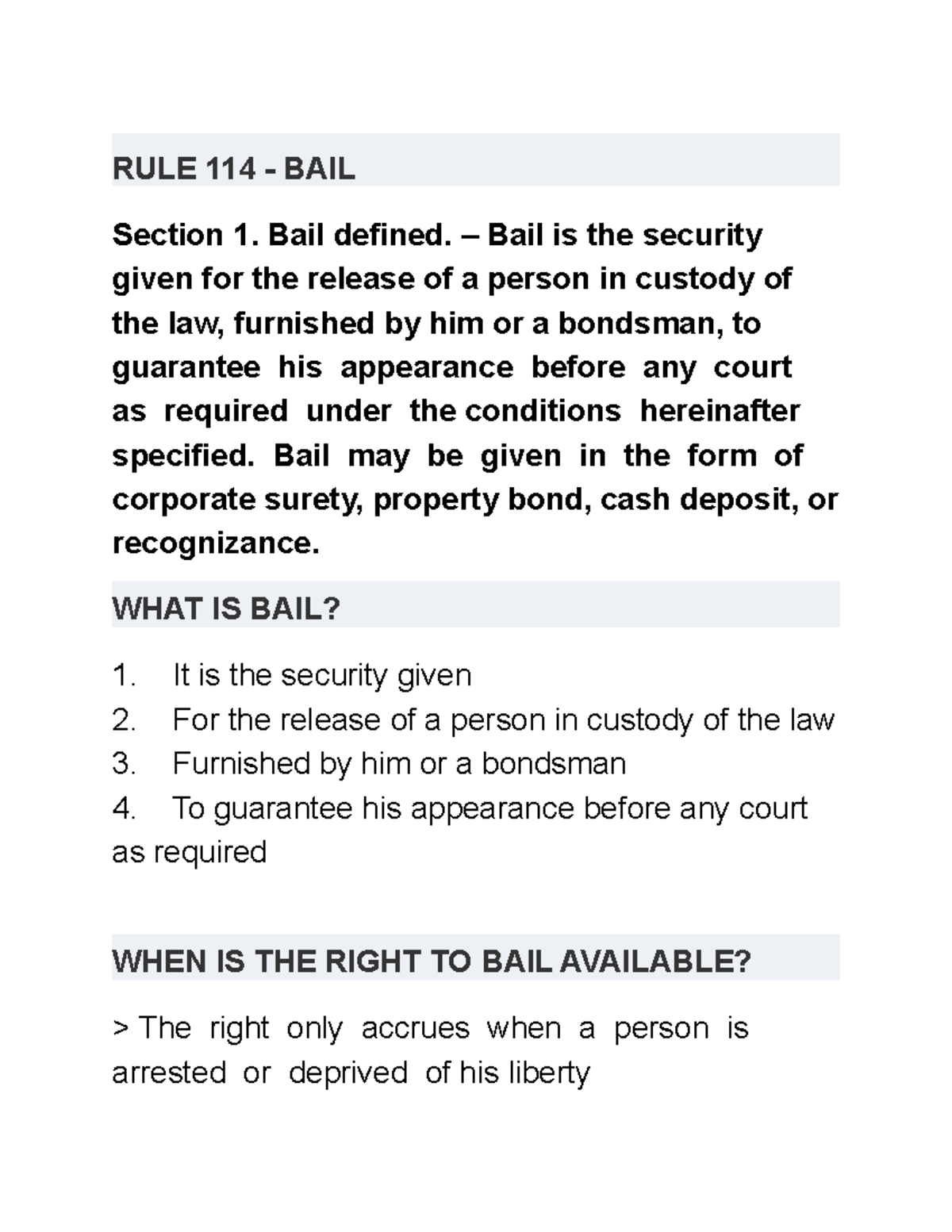 BAIL LAw RULE 114 BAIL Section 1 Bail Defined Bail Is The