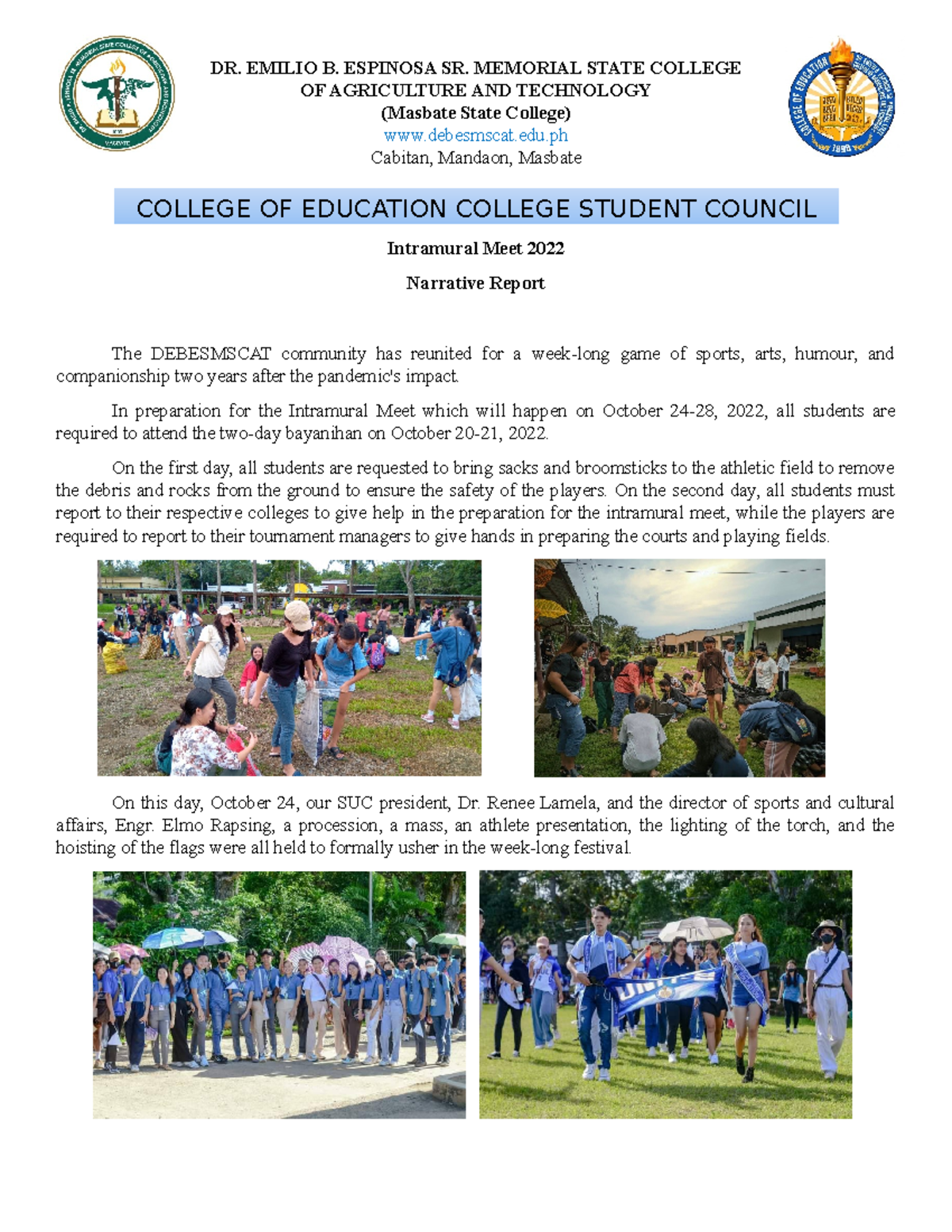 Intramural Meet 2022 Narrative Rport - DR. EMILIO B. ESPINOSA SR ...
